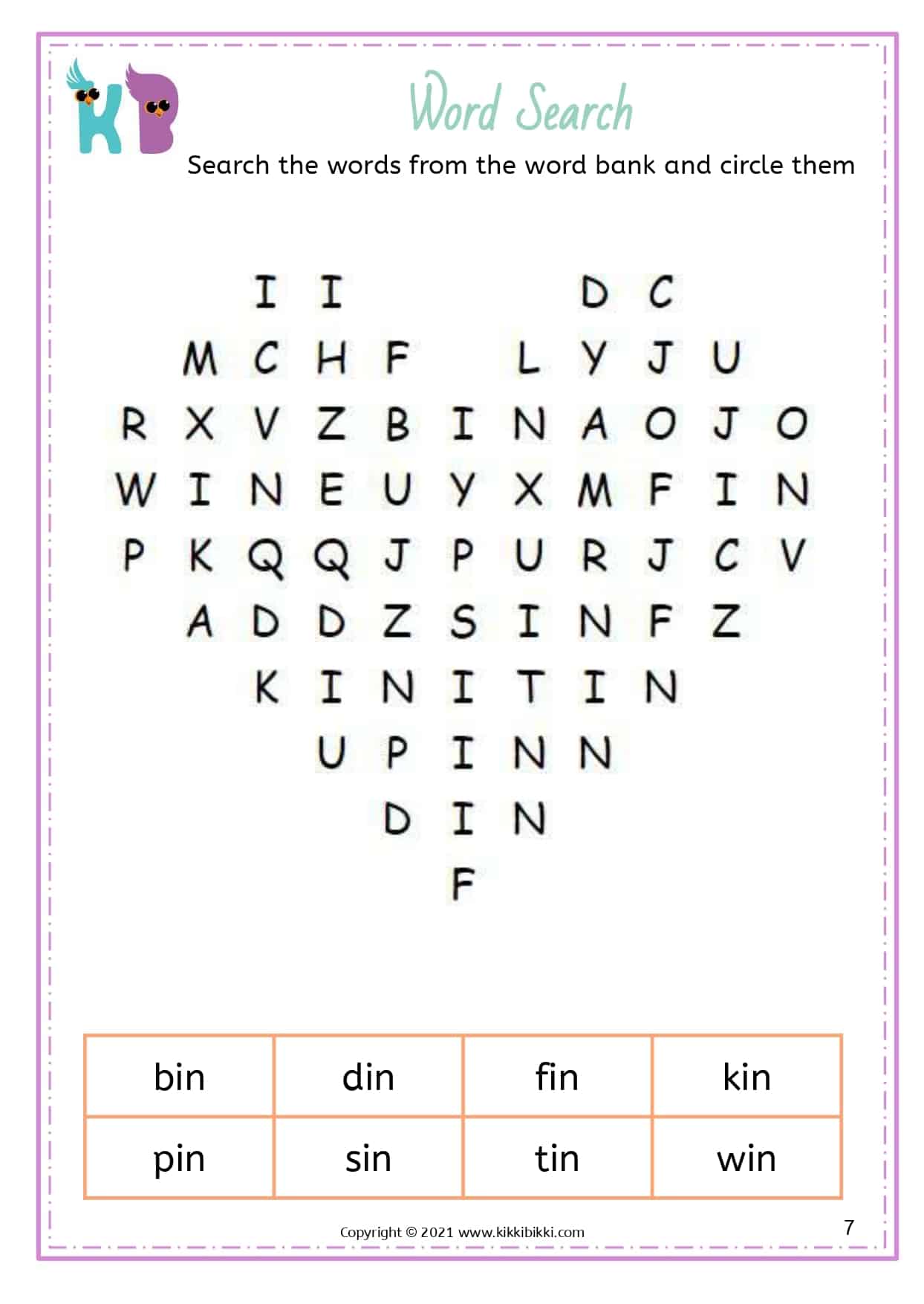 CVC -in Word Family - Free Phonics Printable