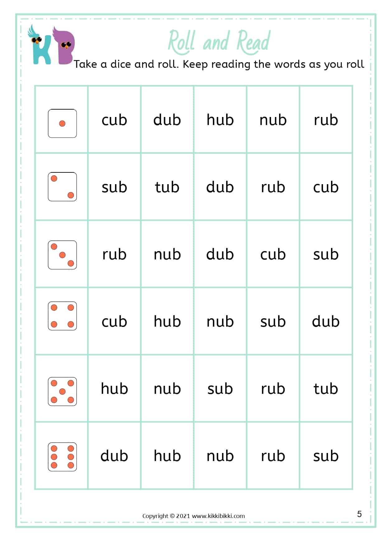 CVC -ub Word Family - Free Phonics Printable