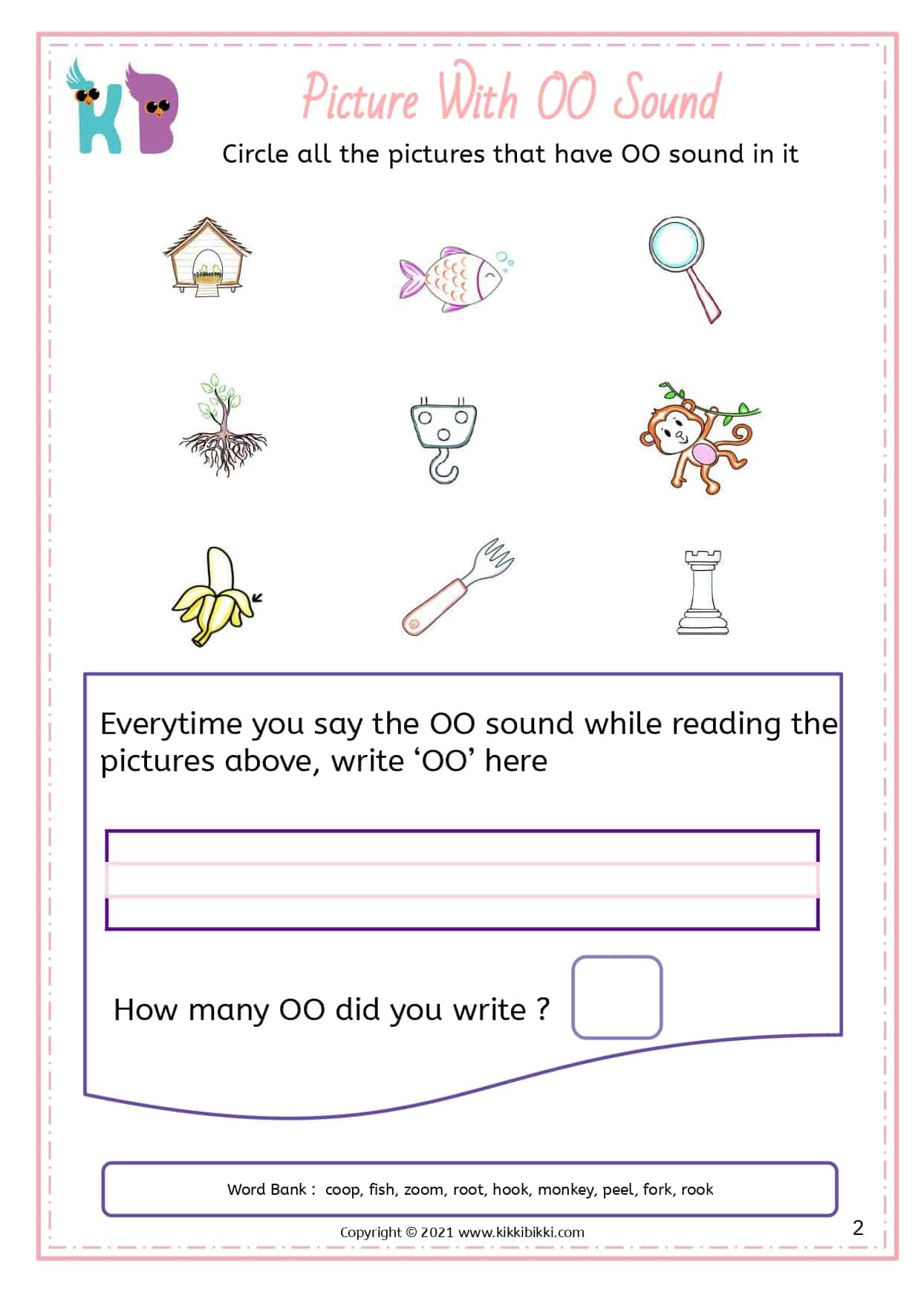oo Words - Kindergarten Worksheet - Free Phonics Printable