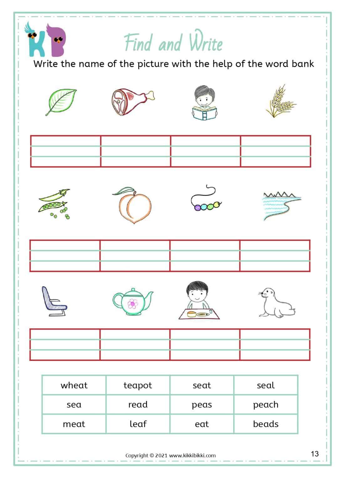 Long e Words - Kindergarten Worksheet - Free Phonics Printable