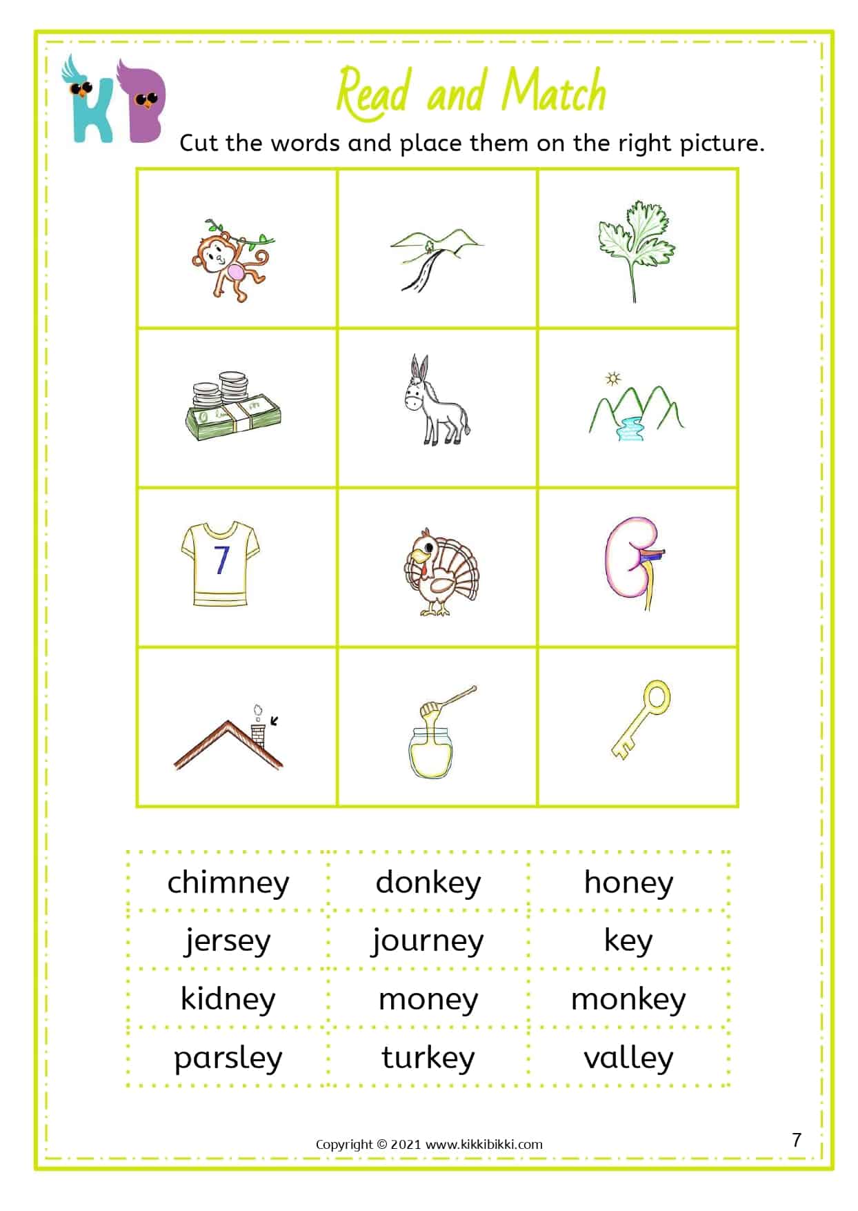 Words ending with 'ey' - Kindergarten Worksheet - Free Phonics