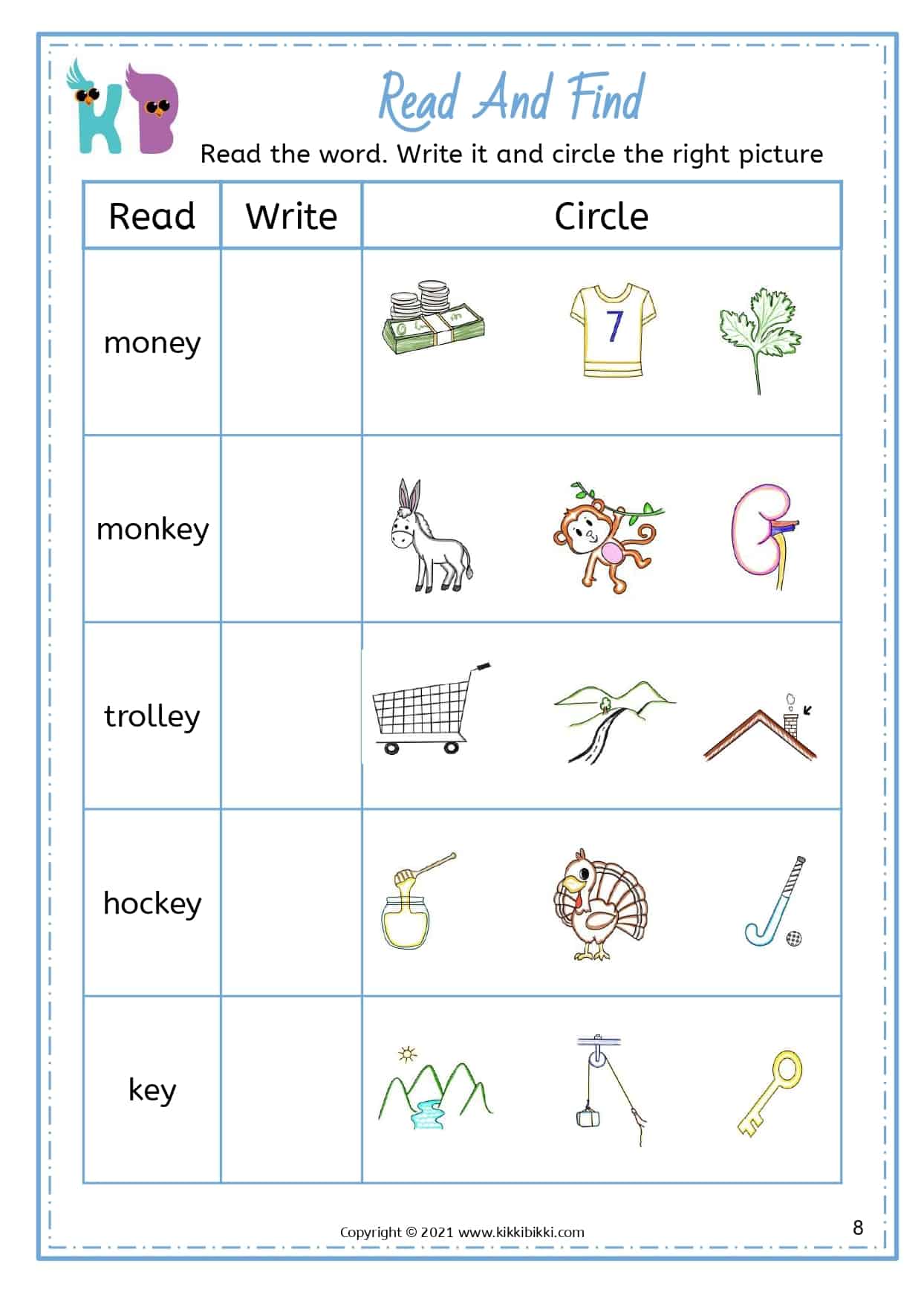 Words ending with 'ey' - Kindergarten Worksheet - Free Phonics
