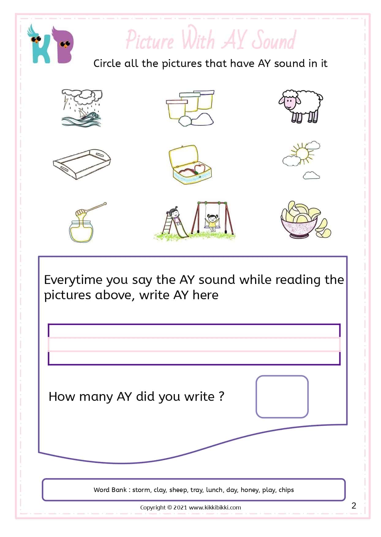 ay words - Kindergarten Worksheet - Free Phonics Printable