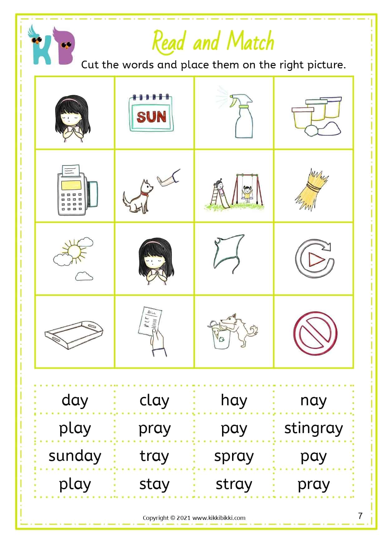 ay words - Kindergarten Worksheet - Free Phonics Printable