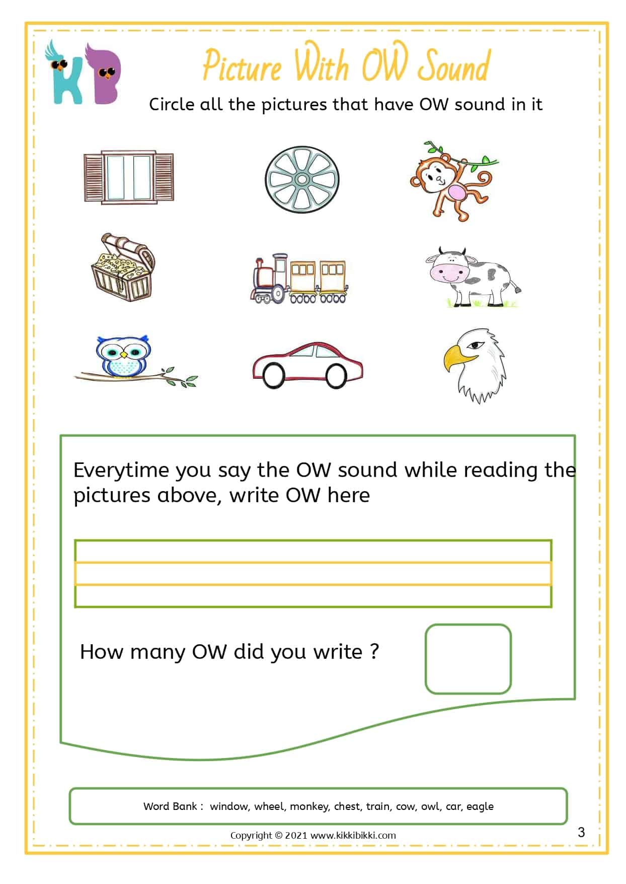 ow Words - Kindergarten Worksheet - Free Phonics Printable