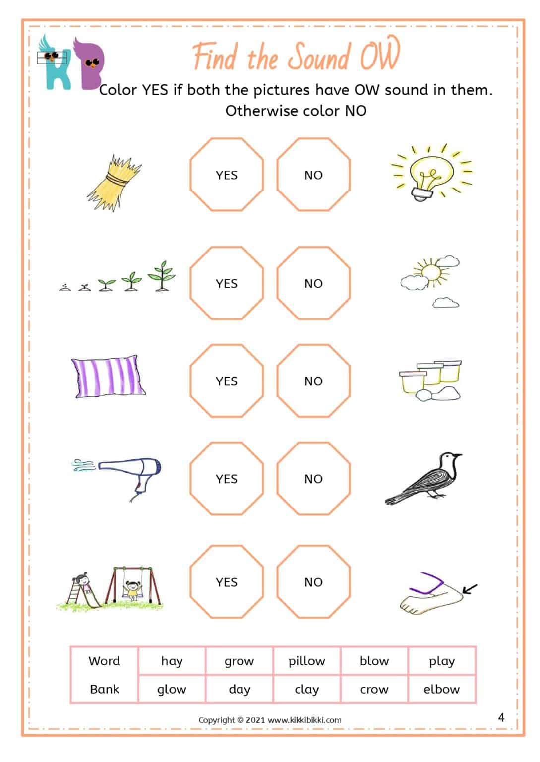 ow Words - Kindergarten Worksheet - Free Phonics Printable
