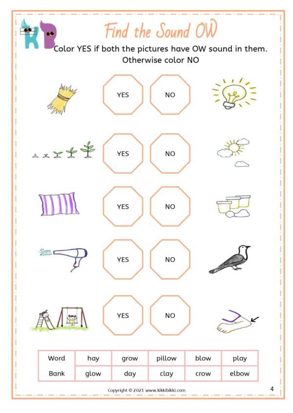 ow Words - Kindergarten Worksheet - Free Phonics Printable