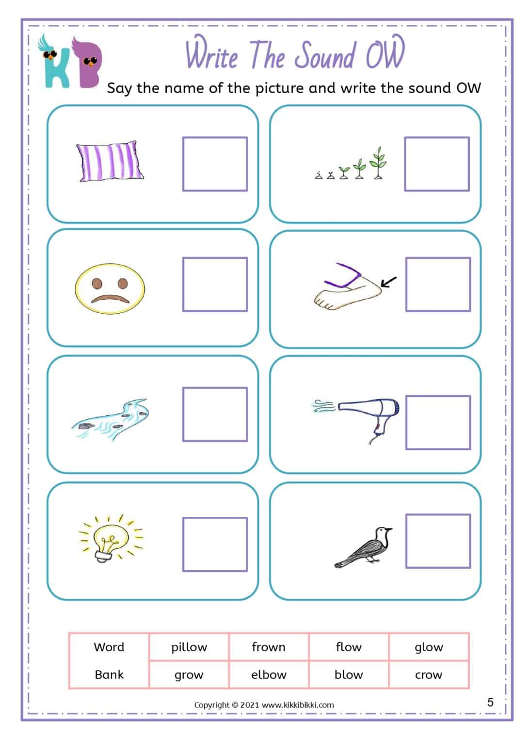 ow Words - Kindergarten Worksheet - Free Phonics Printable