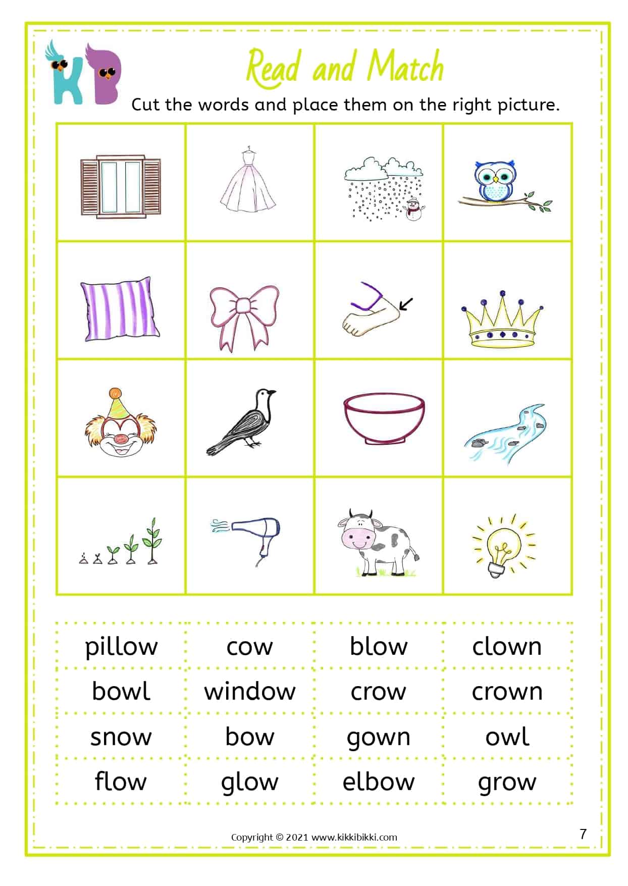ow Words - Kindergarten Worksheet - Free Phonics Printable