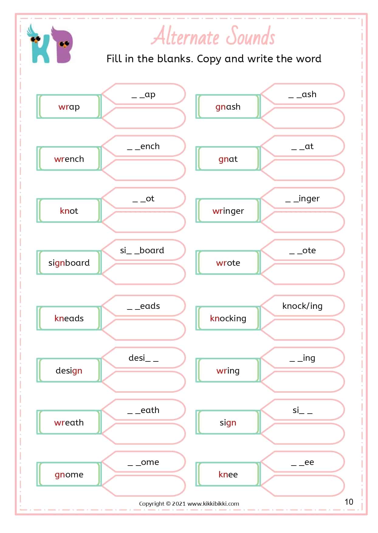 Learn to Spell wr-kn-gn Words - Free Phonics Worksheets