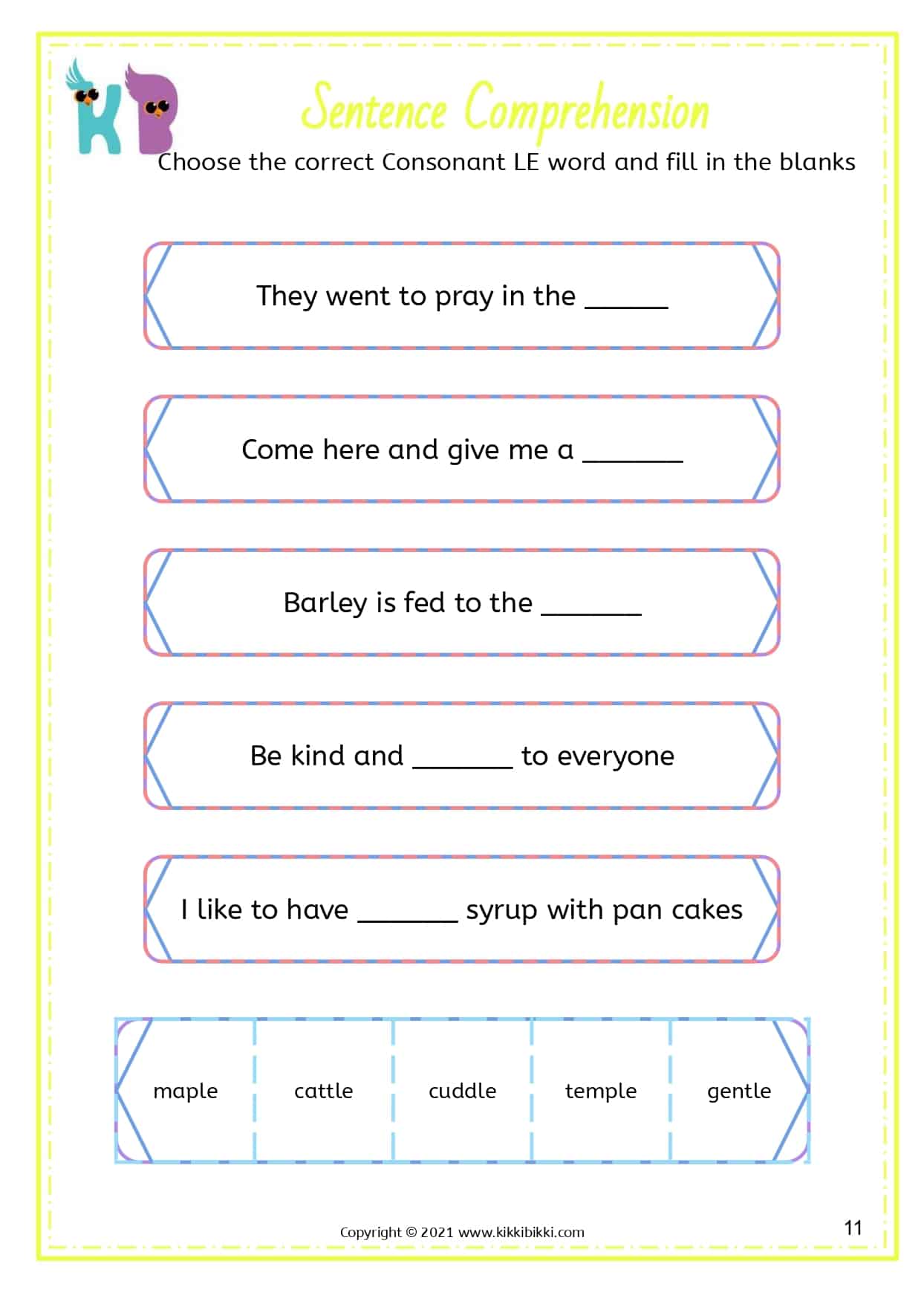 Handling Consonant +le | Free Phonics Printable Worksheets