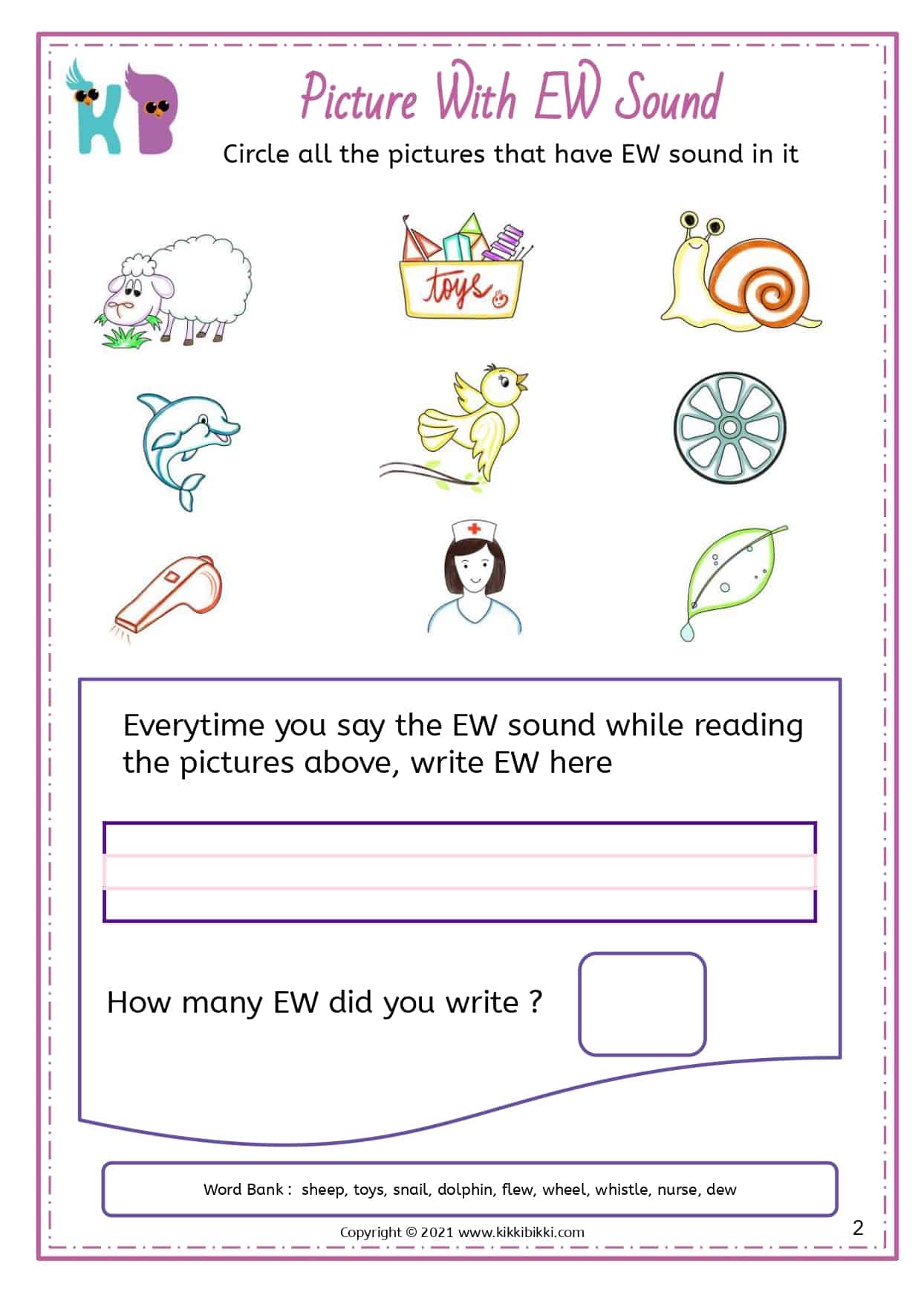ew Sound - Free Phonics Printable Worksheets - KikkiBikki
