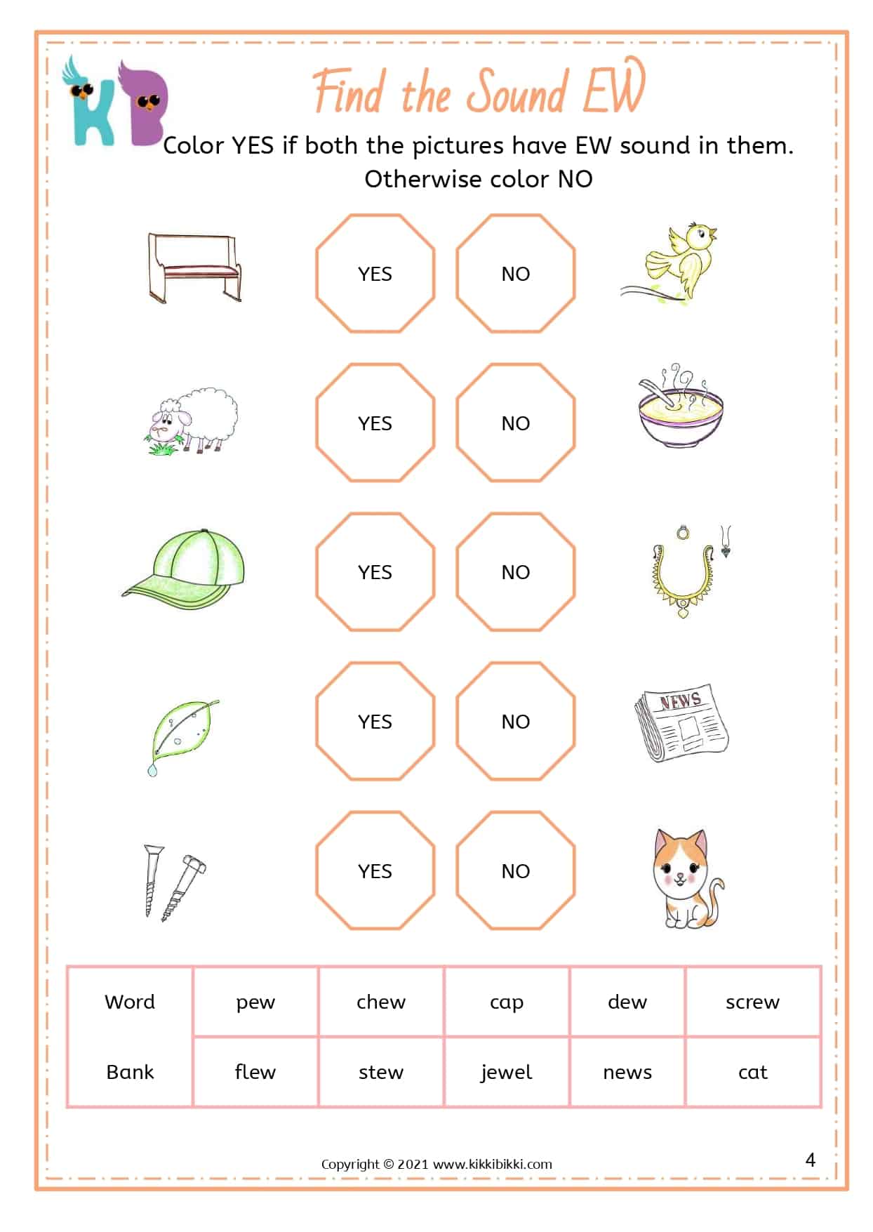 ew Sound - Free Phonics Printable Worksheets - KikkiBikki