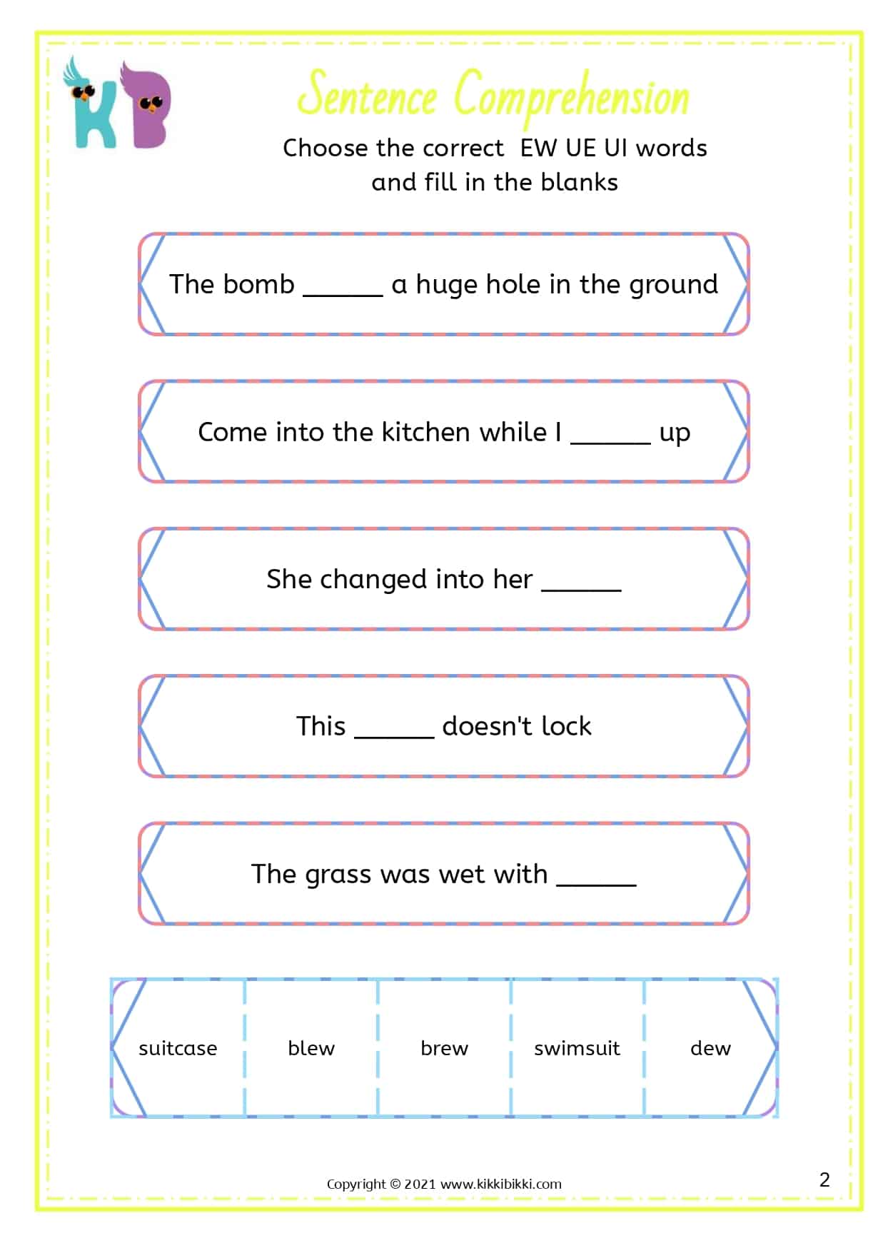 Learn to spell ew, ue, ui Words - Phonics Worksheets - KikkiBikki