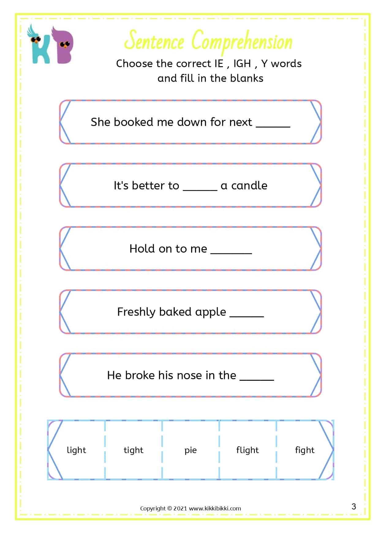 Learn to Spell ie, igh, y Words - Free Phonics Printable Worksheets