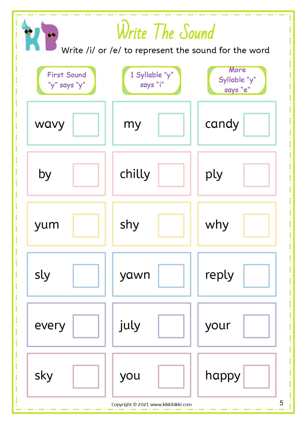 Sounds of y Worksheet - Free Phonics Printable Worksheets