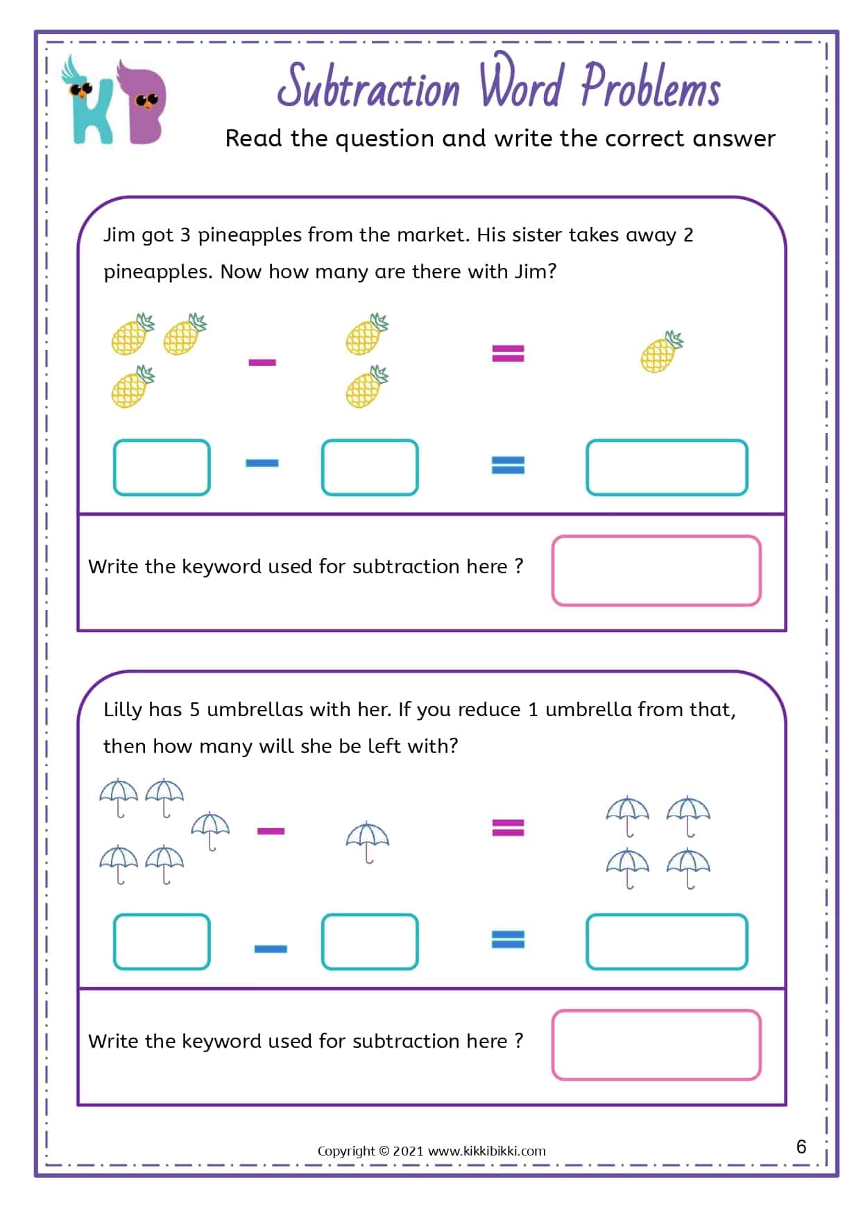 15+ Free Math Word Problem Subtraction Worksheets - KikkiBikki