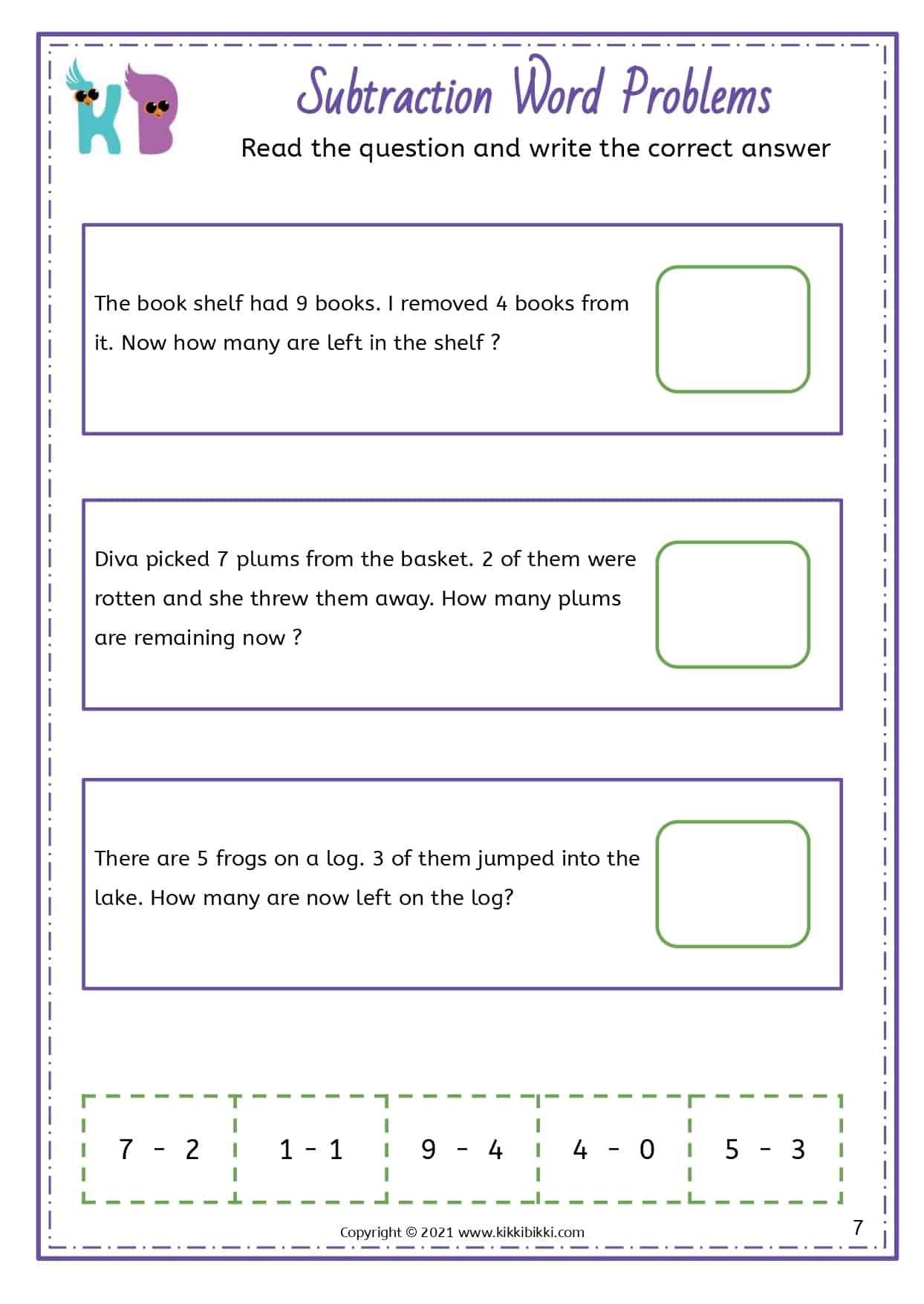 15+ Free Math Word Problem Subtraction Worksheets - KikkiBikki