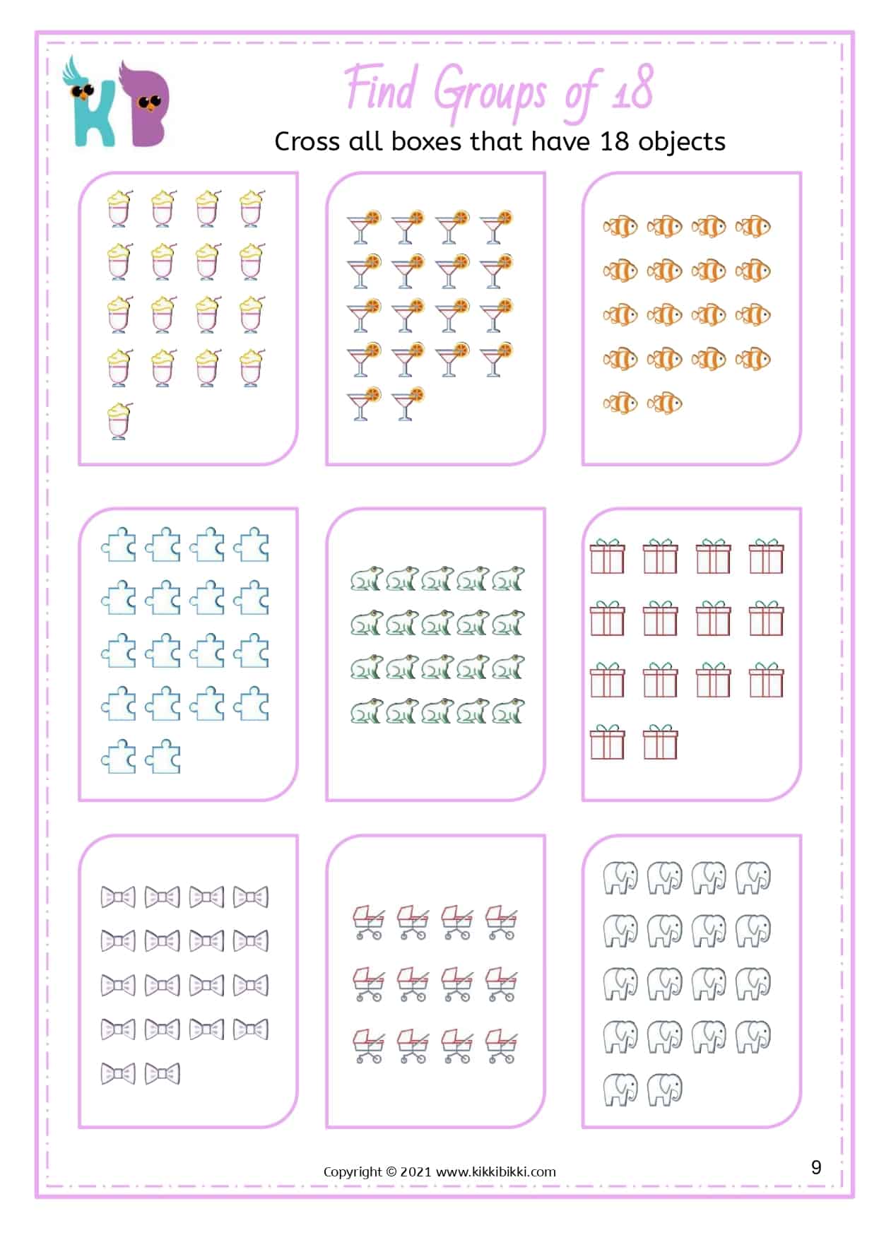 Math Printable Worksheets on GROUPING NUMBERS Upto 20