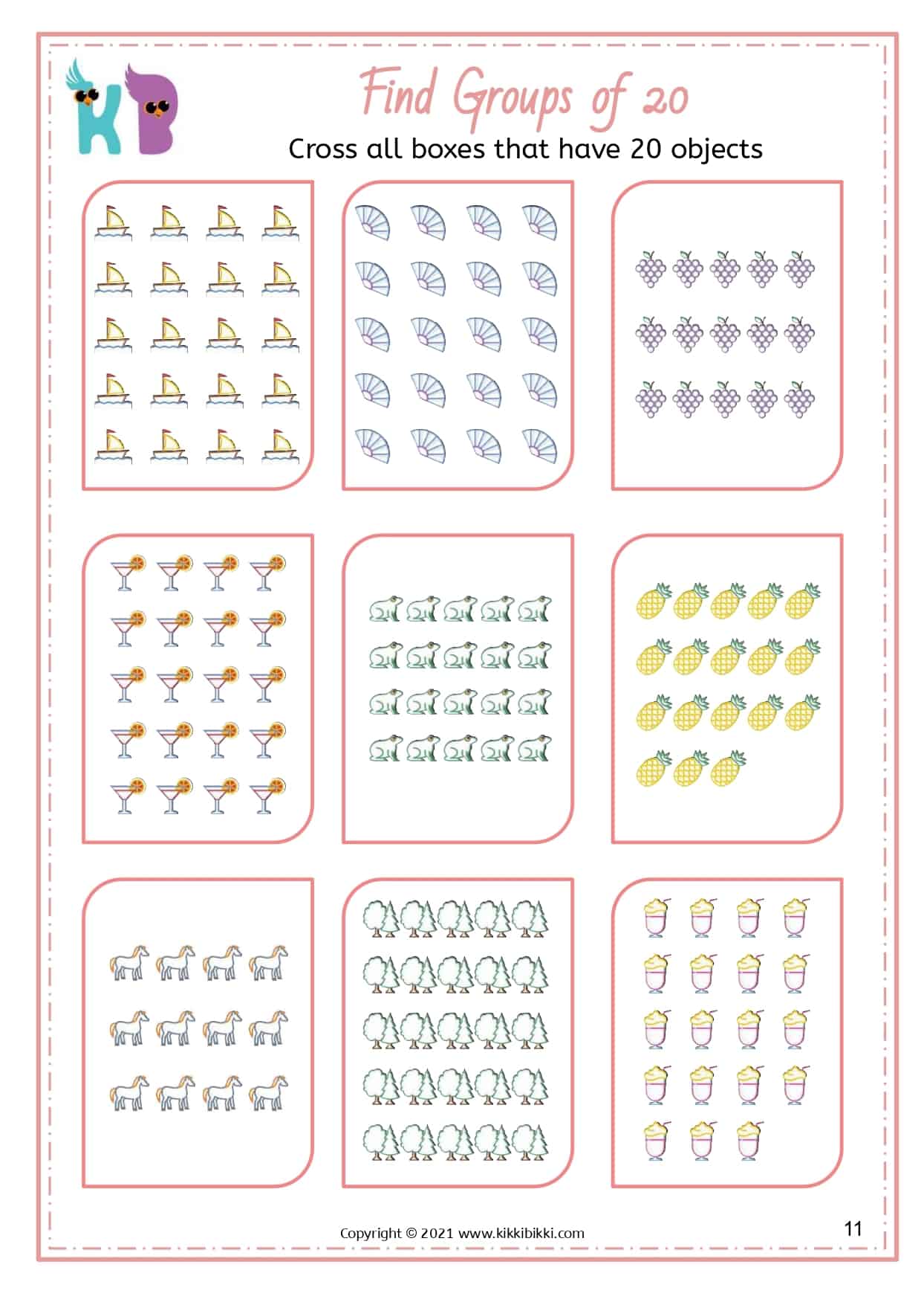 Math Printable Worksheets on GROUPING NUMBERS Upto 20