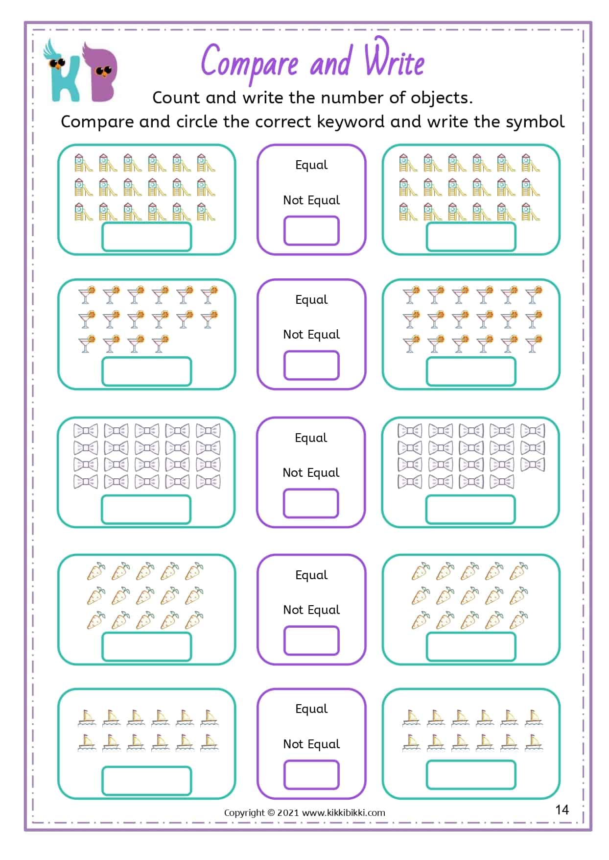 Free Math Printable Worksheets - EQUAL / NOT EQUAL GROUP