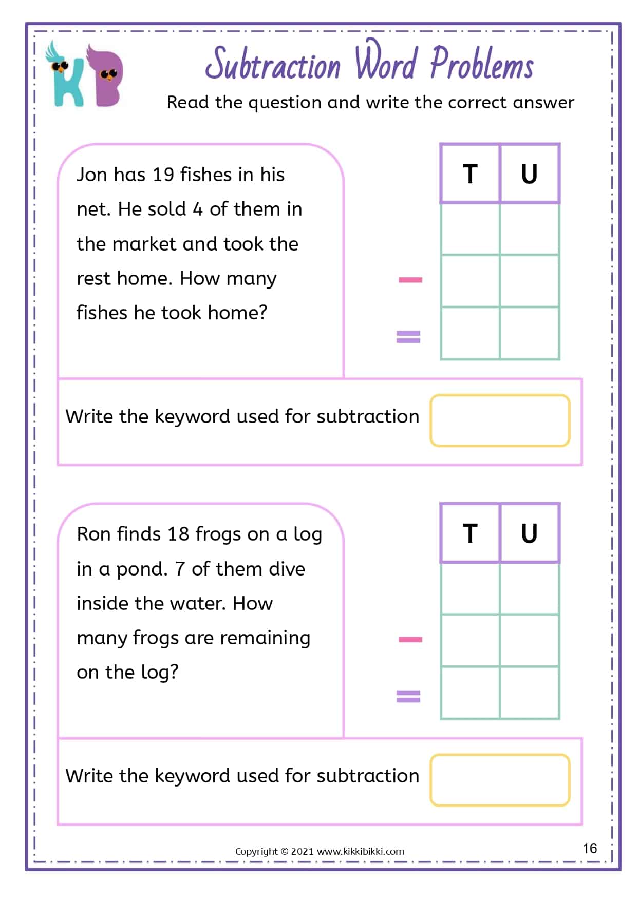 SUBTRACTION - Free Math Printable Worksheets - KikkiBikki