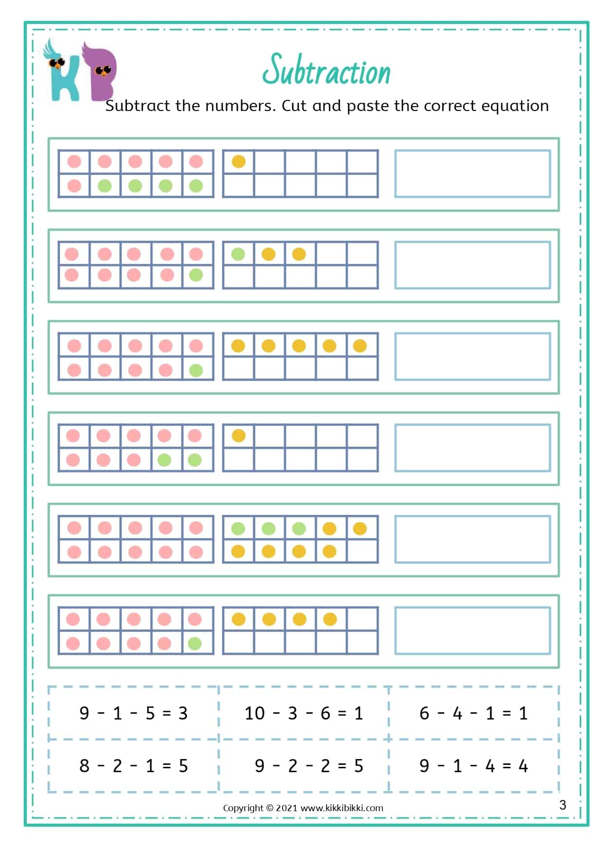 SUBTRACTION Worksheet - KikkiBikki - Free Math Printable