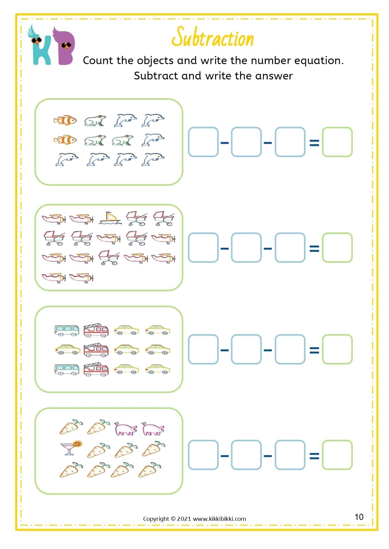 SUBTRACTION Worksheet - KikkiBikki - Free Math Printable