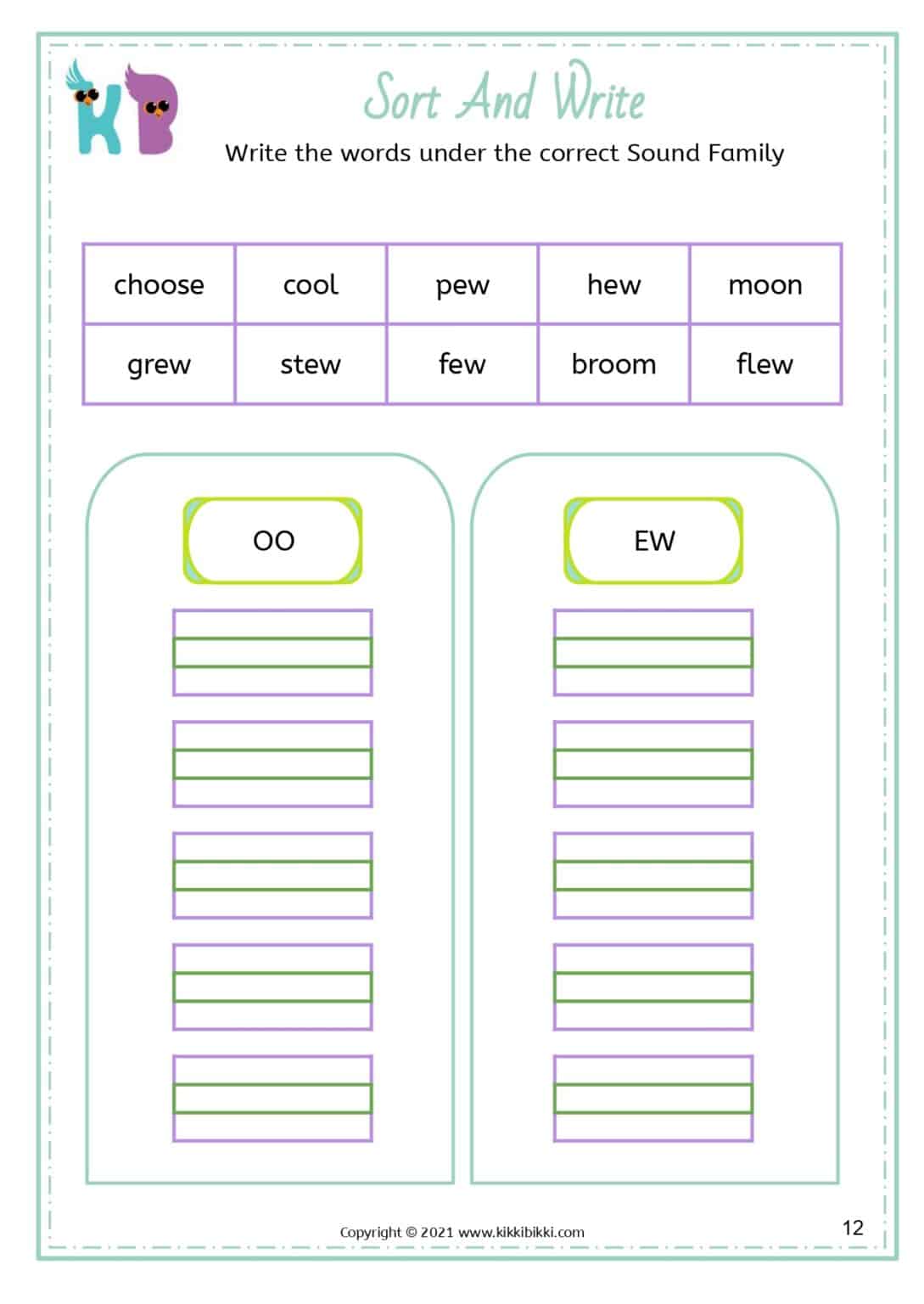 "Sort and Write : Alternative Spellings for "OO," "EW," and "UE""