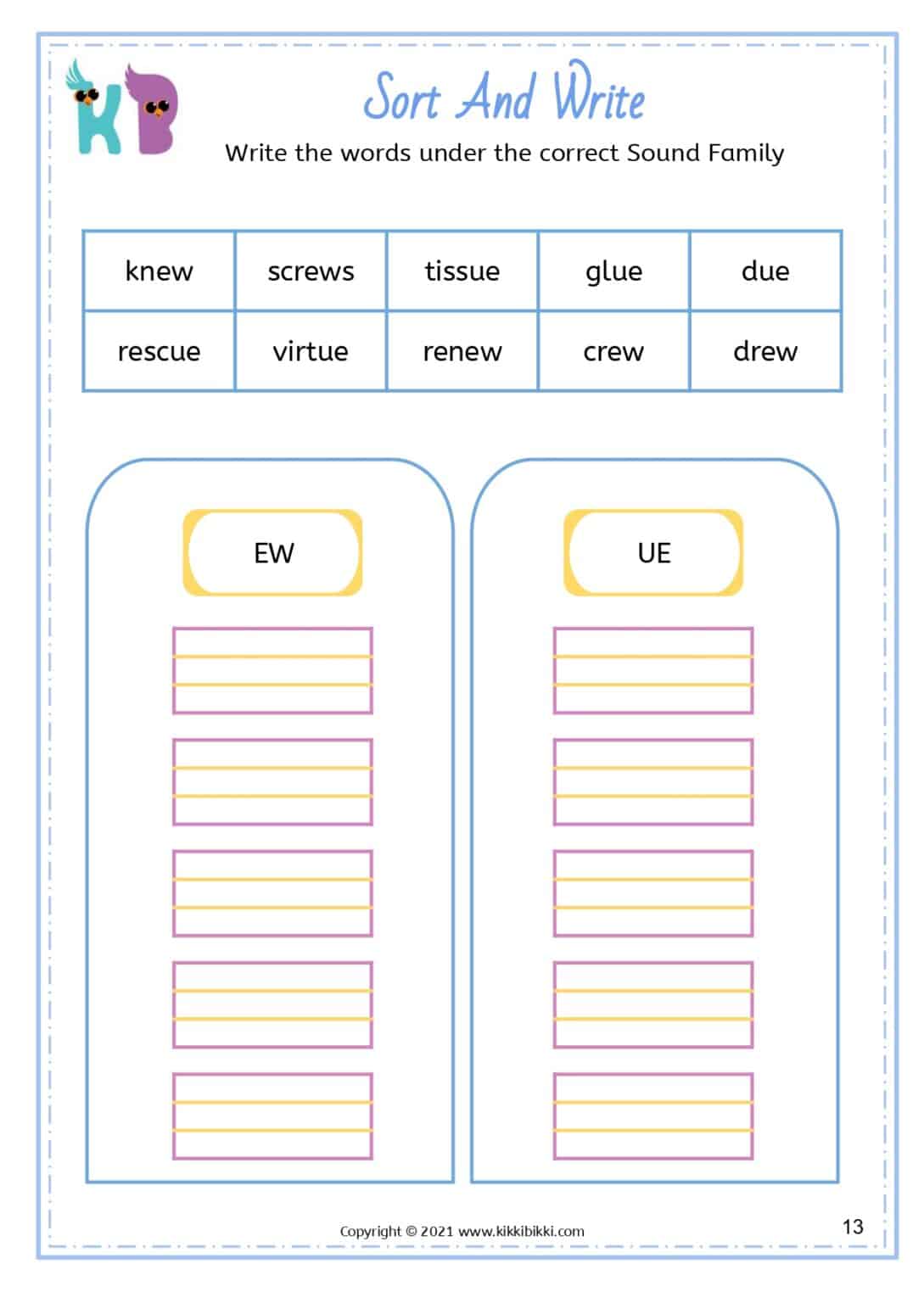 "Sort and Write : Alternative Spellings for "OO," "EW," and "UE""