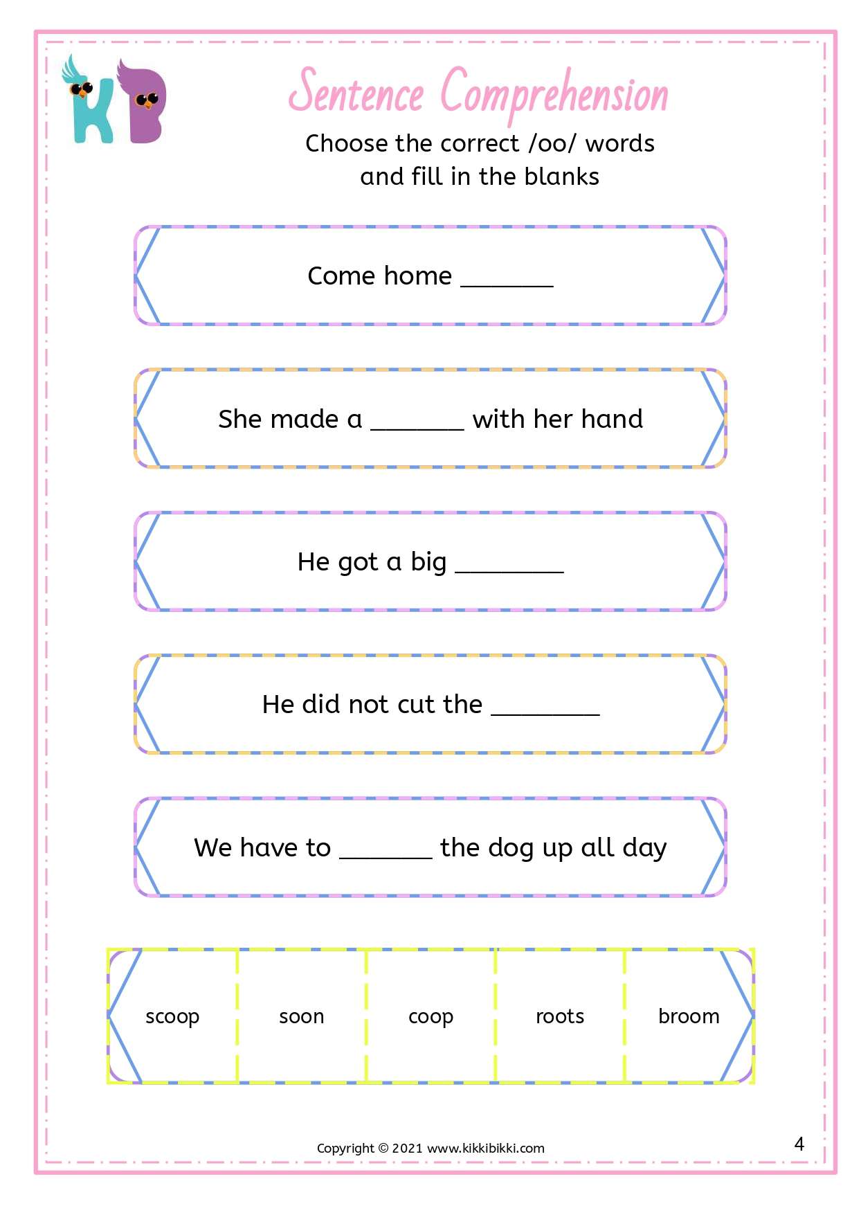 oo Sound - Kindergarten Worksheet - Free Phonics Printable