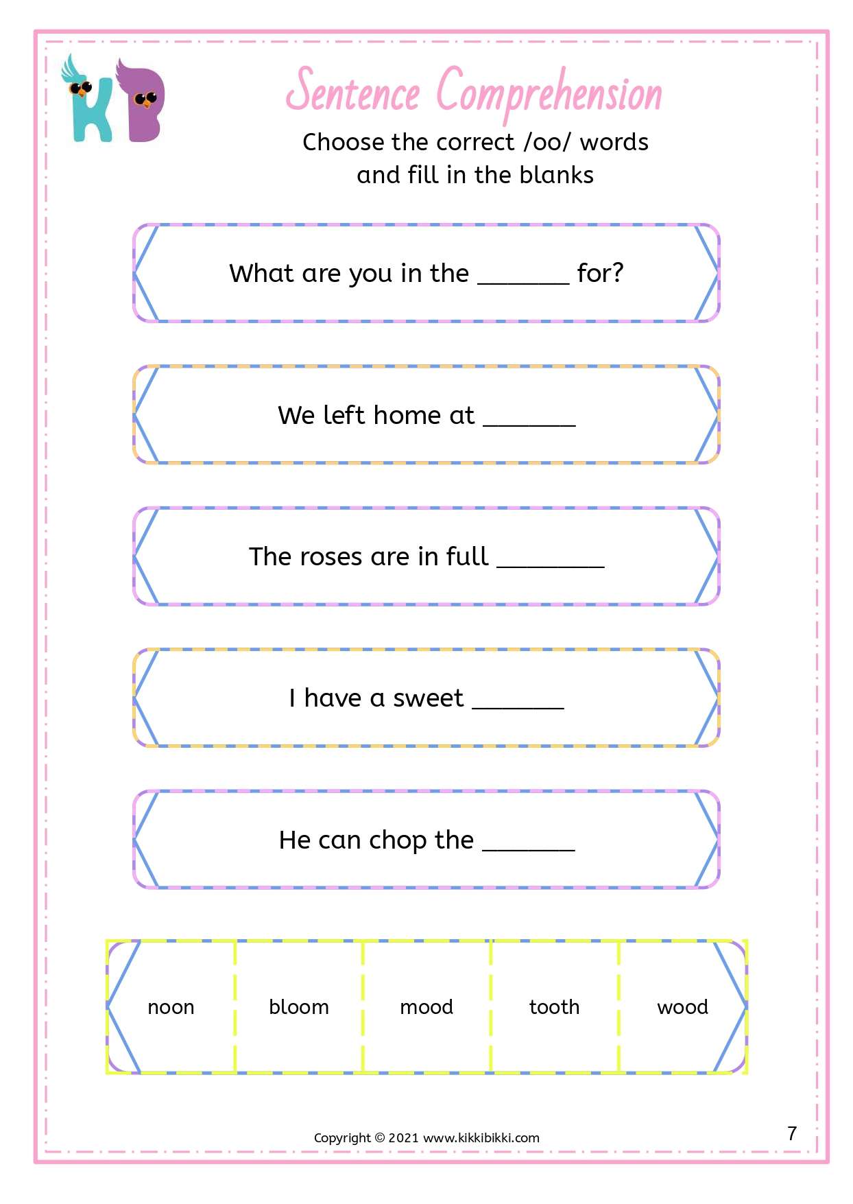 oo Sound - Kindergarten Worksheet - Free Phonics Printable