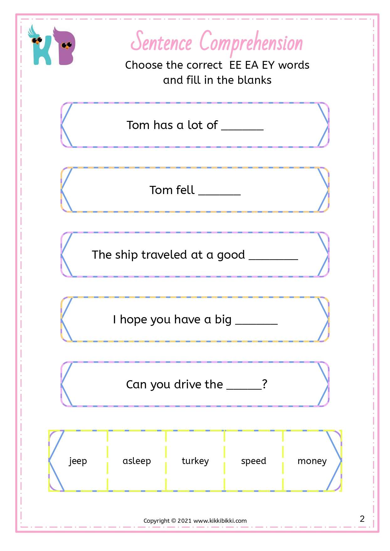 Learn to Spell ee-ea-ey Words - Kindergarten Worksheets