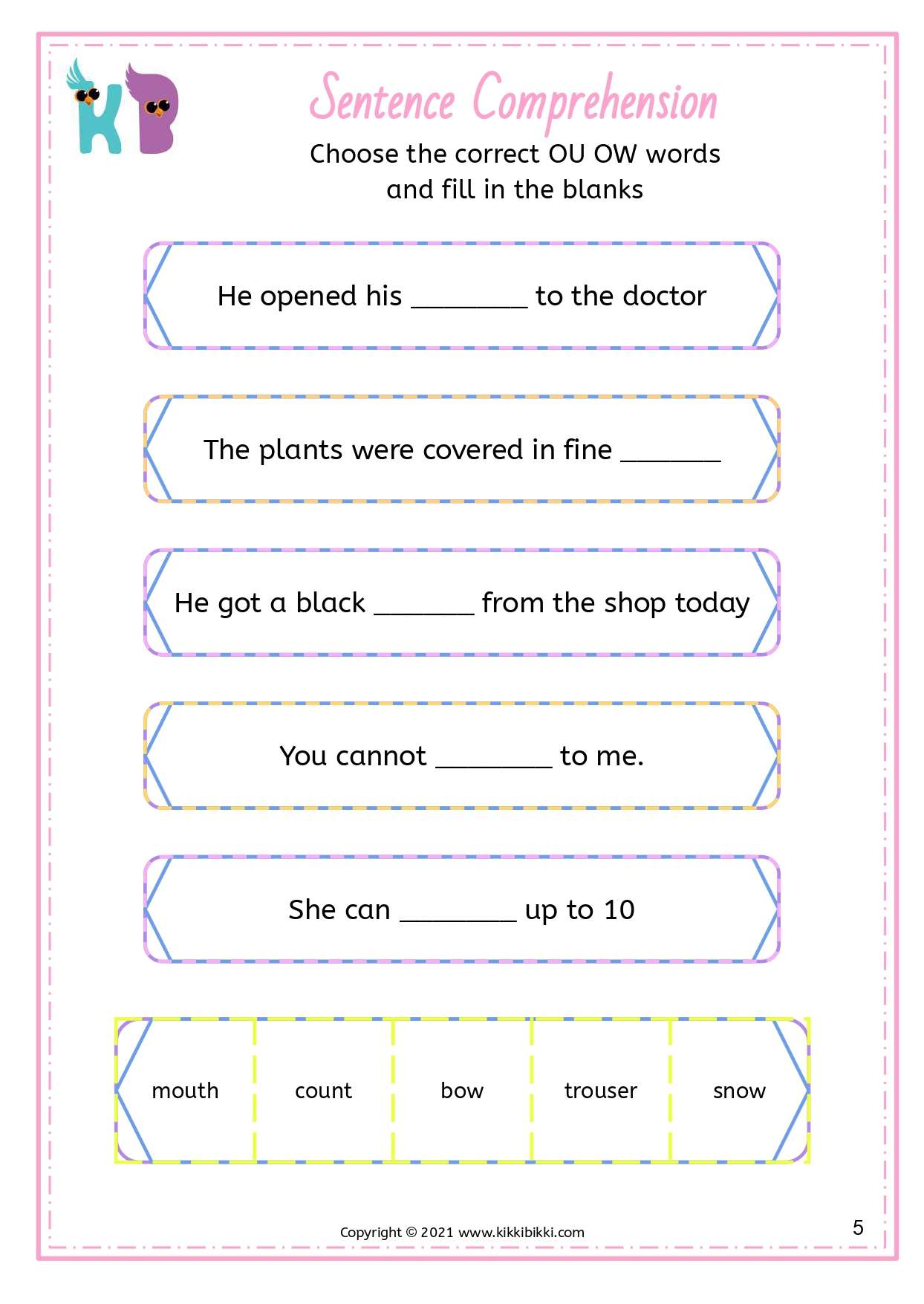 Learn to Spell ou ow Words - Kindergarten Worksheets