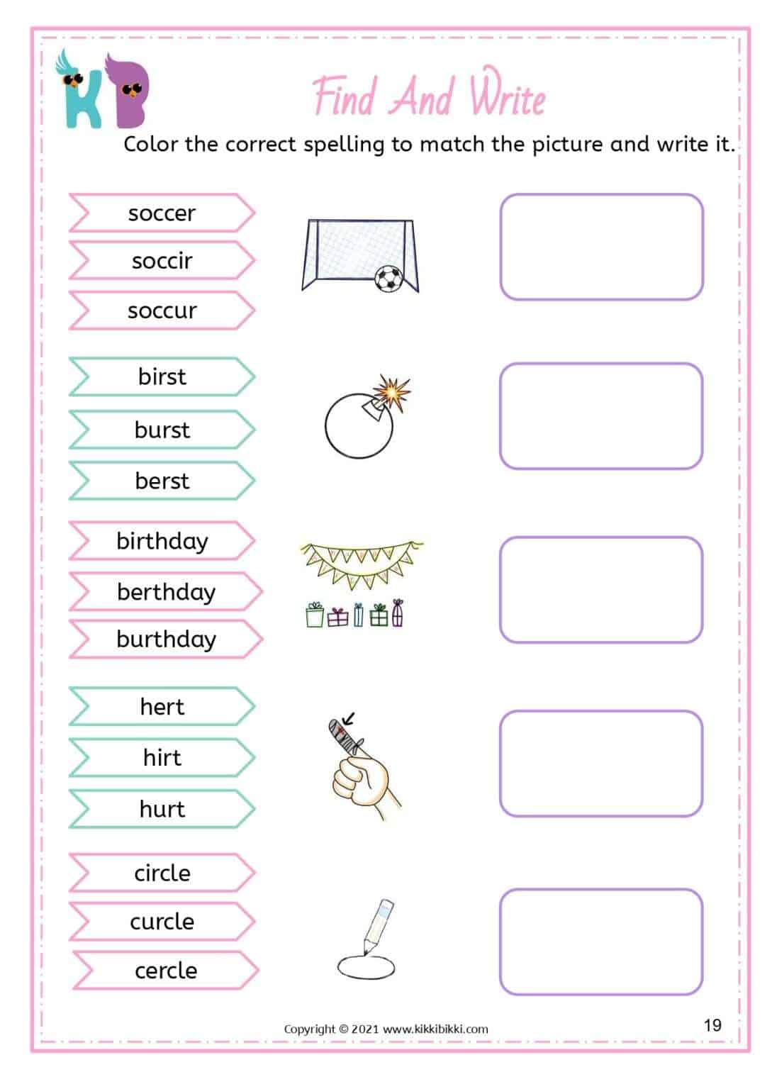 Spellings for er-ir-ur words | Free Phonics Printable Worksheets