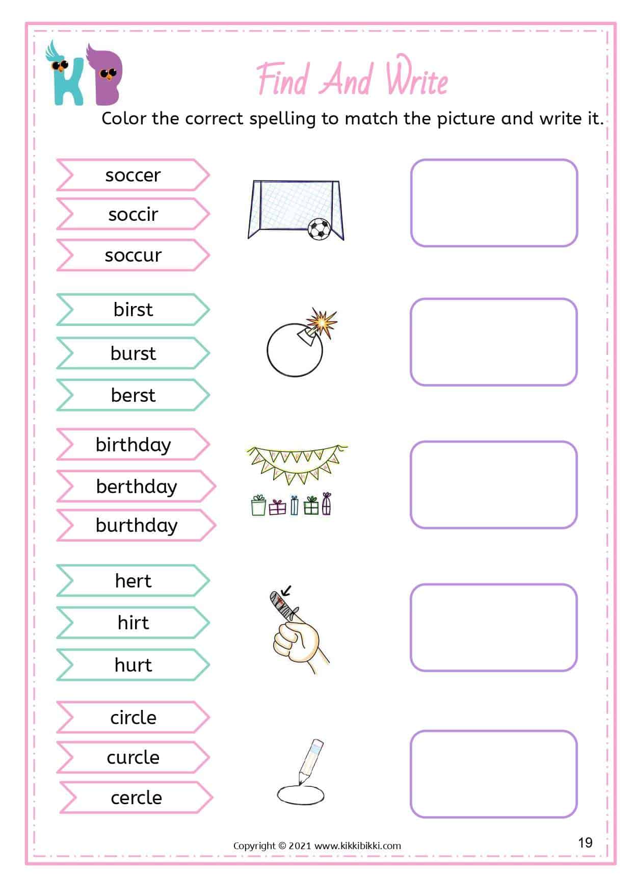 Spellings for er-ir-ur words | Free Phonics Printable Worksheets