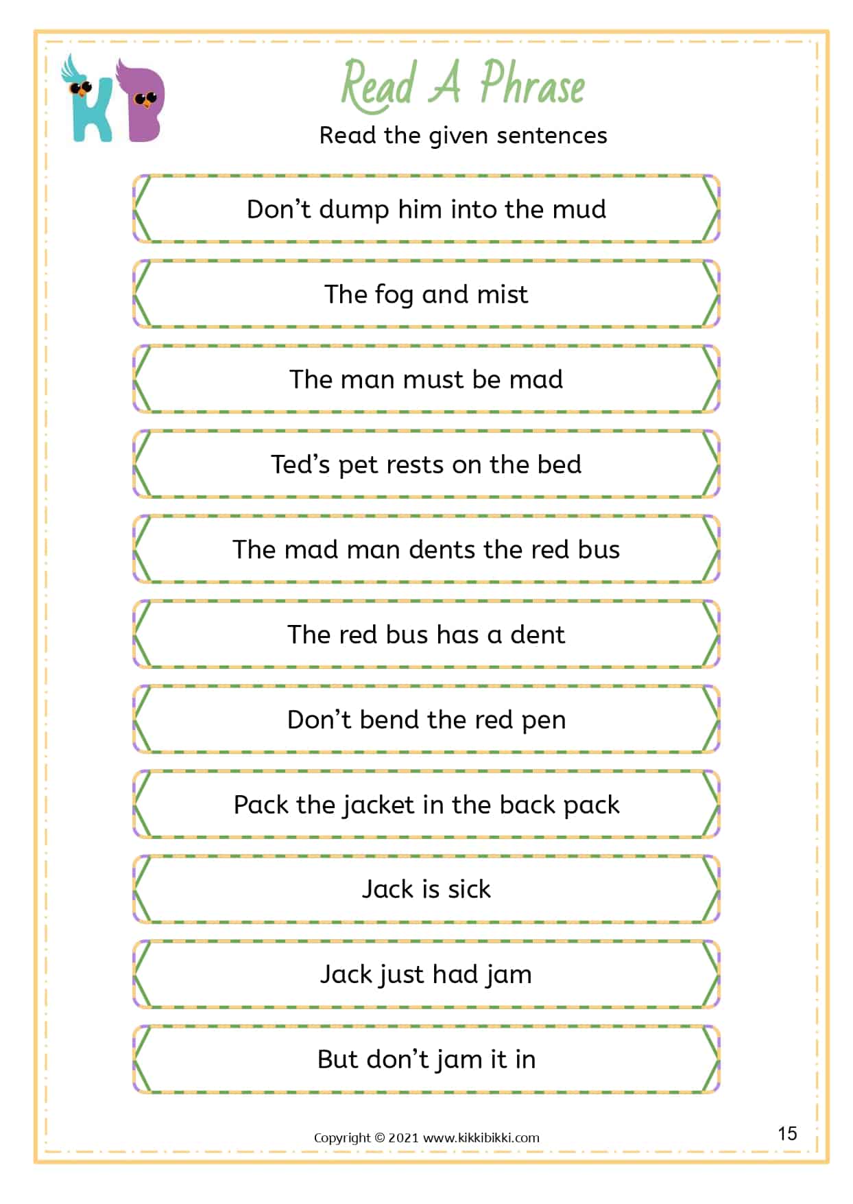 Exploring Phonics: Read a Phrase Worksheets for Kindergarten