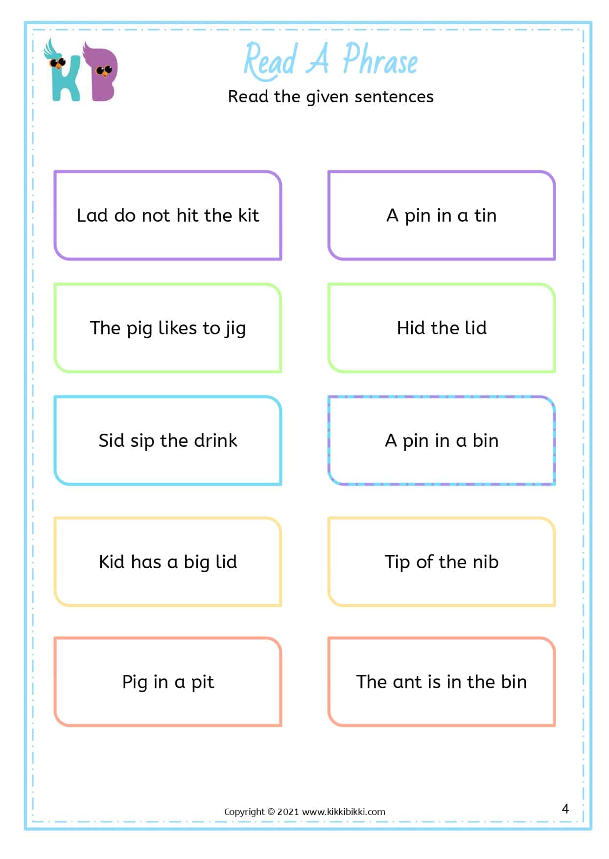 Exploring Phonics: Read a Phrase Worksheets for Kindergarten