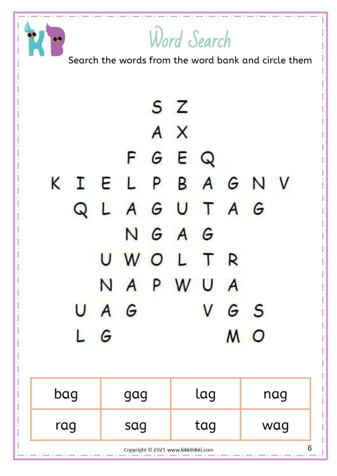 Free CVC worksheets for -ag Words : KikkiBikki