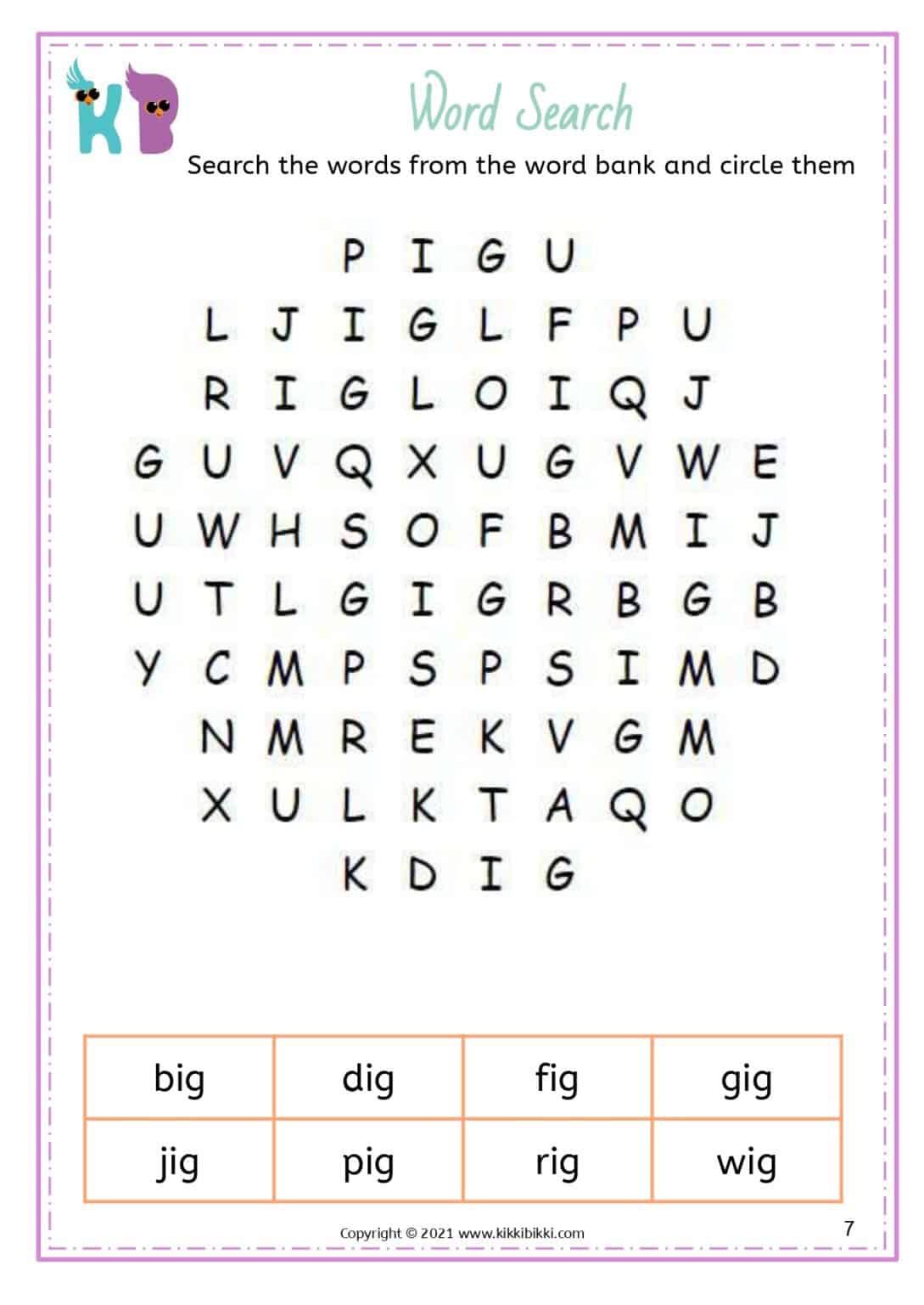 CVC -ig Word Family - Free Phonics Printable