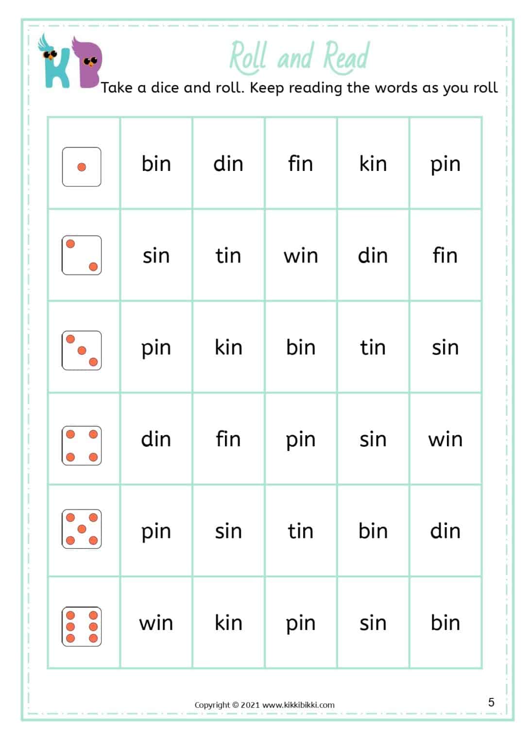 CVC -in Word Family - Free Phonics Printable