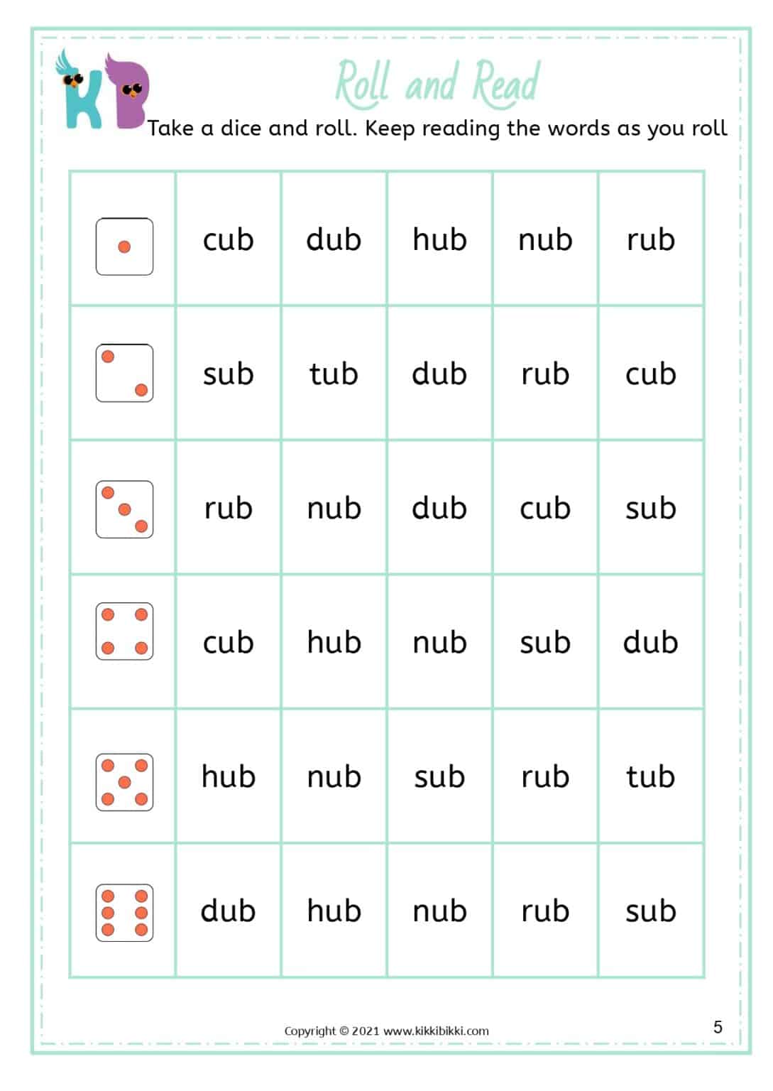 CVC -ub Word Family - Free Phonics Printable