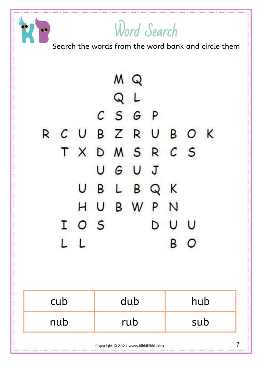 CVC -ub Word Family - Free Phonics Printable