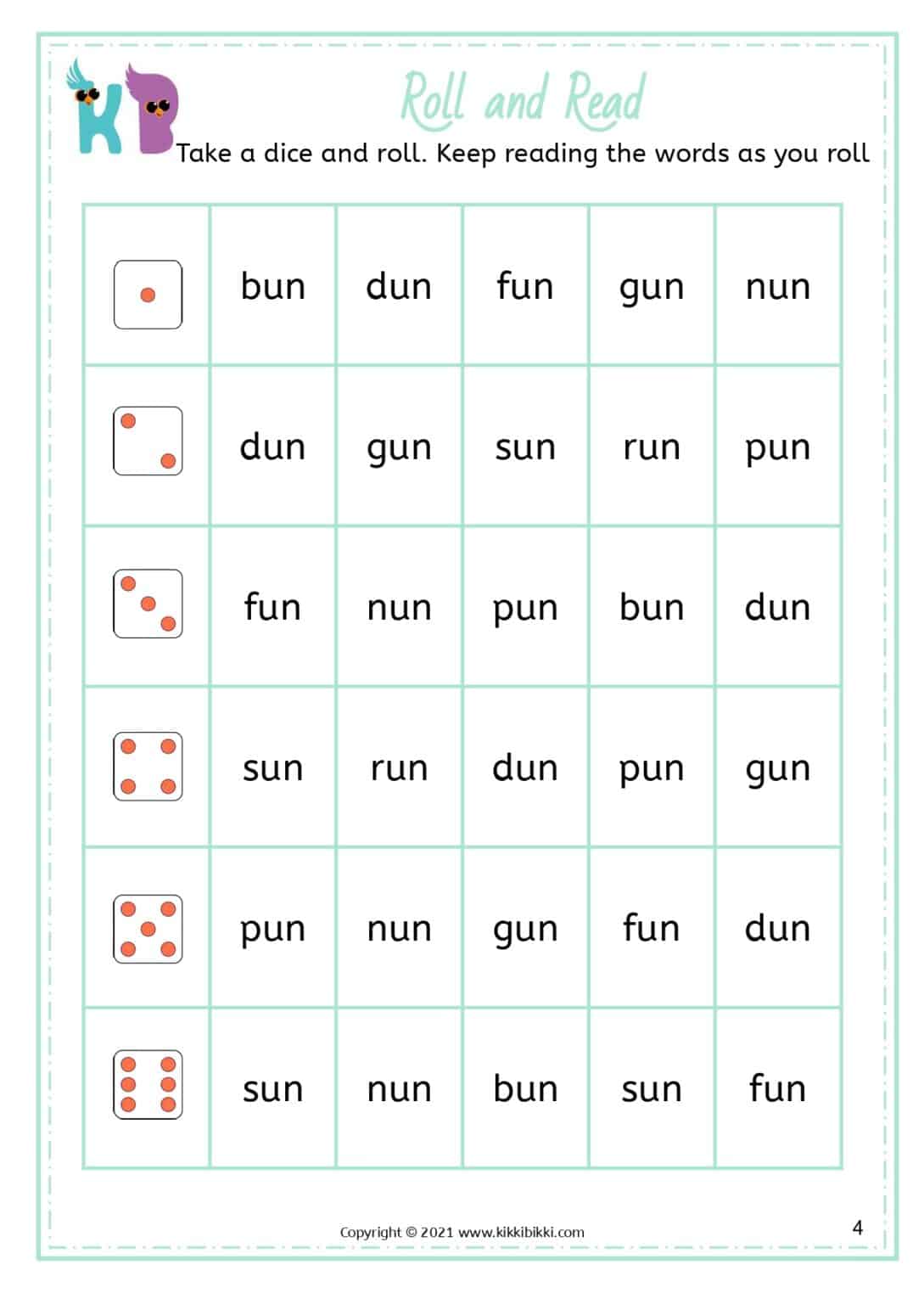 CVC -un Word Family - Free Phonics Printable