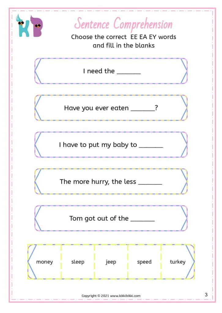 EE, EA, EY Sound Family - Sentence Comprehension Worksheets
