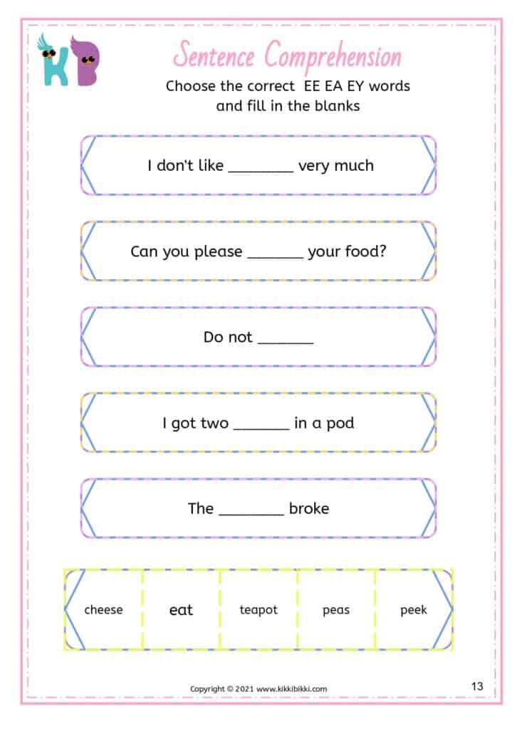 EE, EA, EY Sound Family - Sentence Comprehension Worksheets