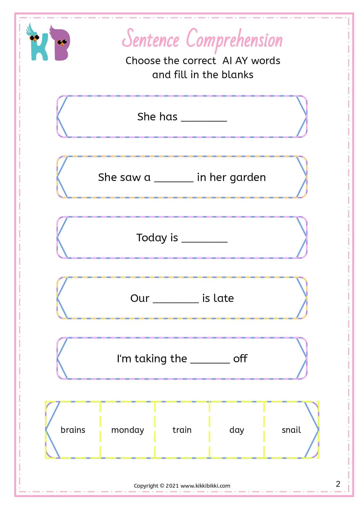 AI and AY Sound Family - Sentence Comprehension Worksheets