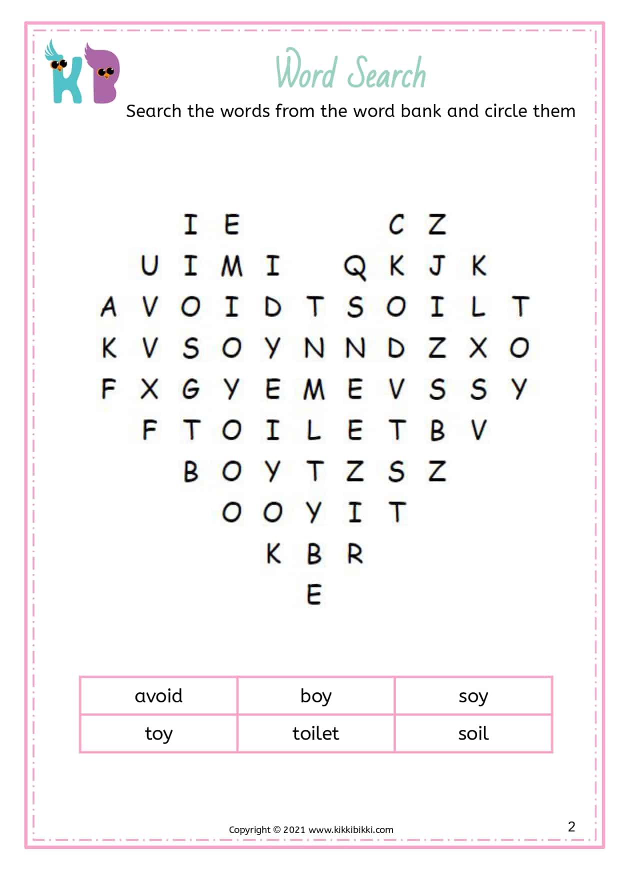 OI and OY Sound Family - Word Search Worksheets