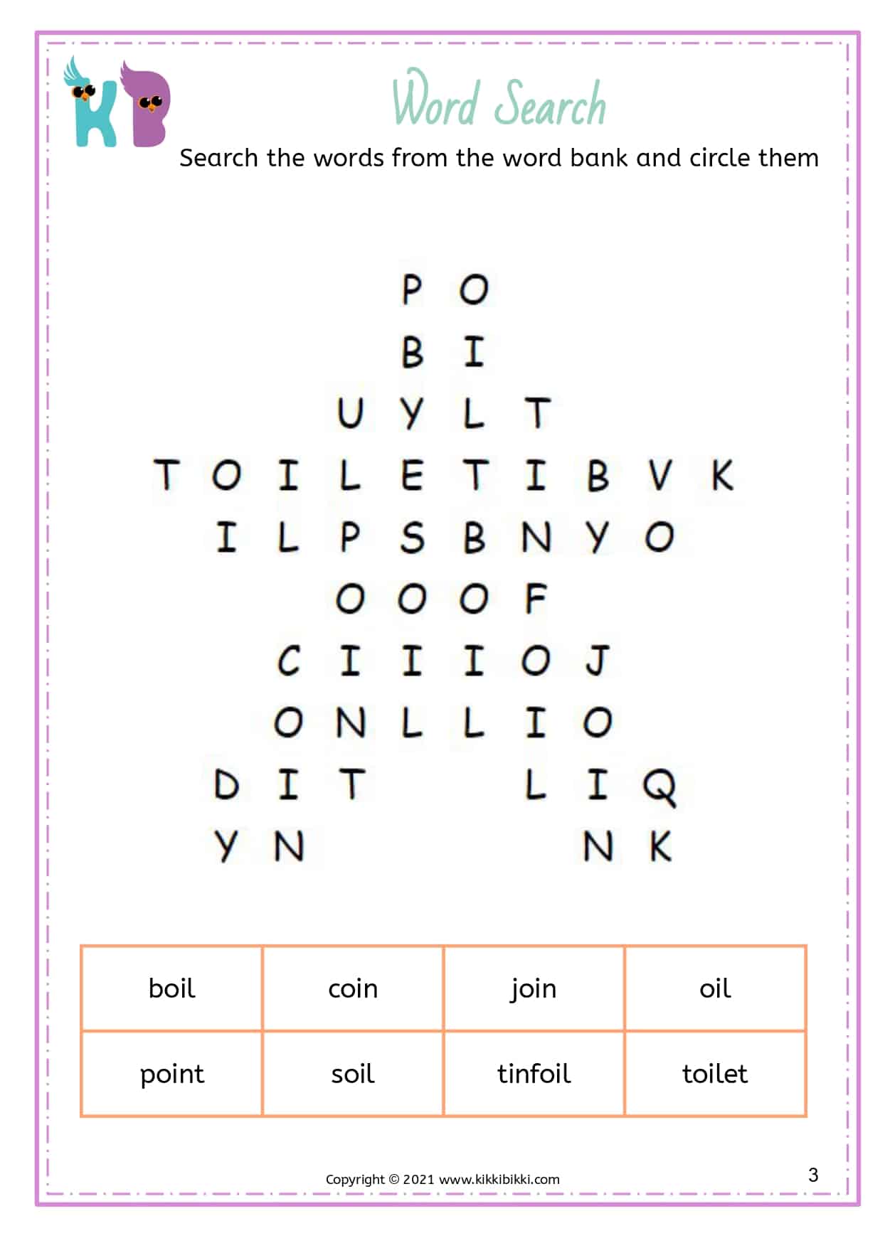 OI and OY Sound Family - Word Search Worksheets