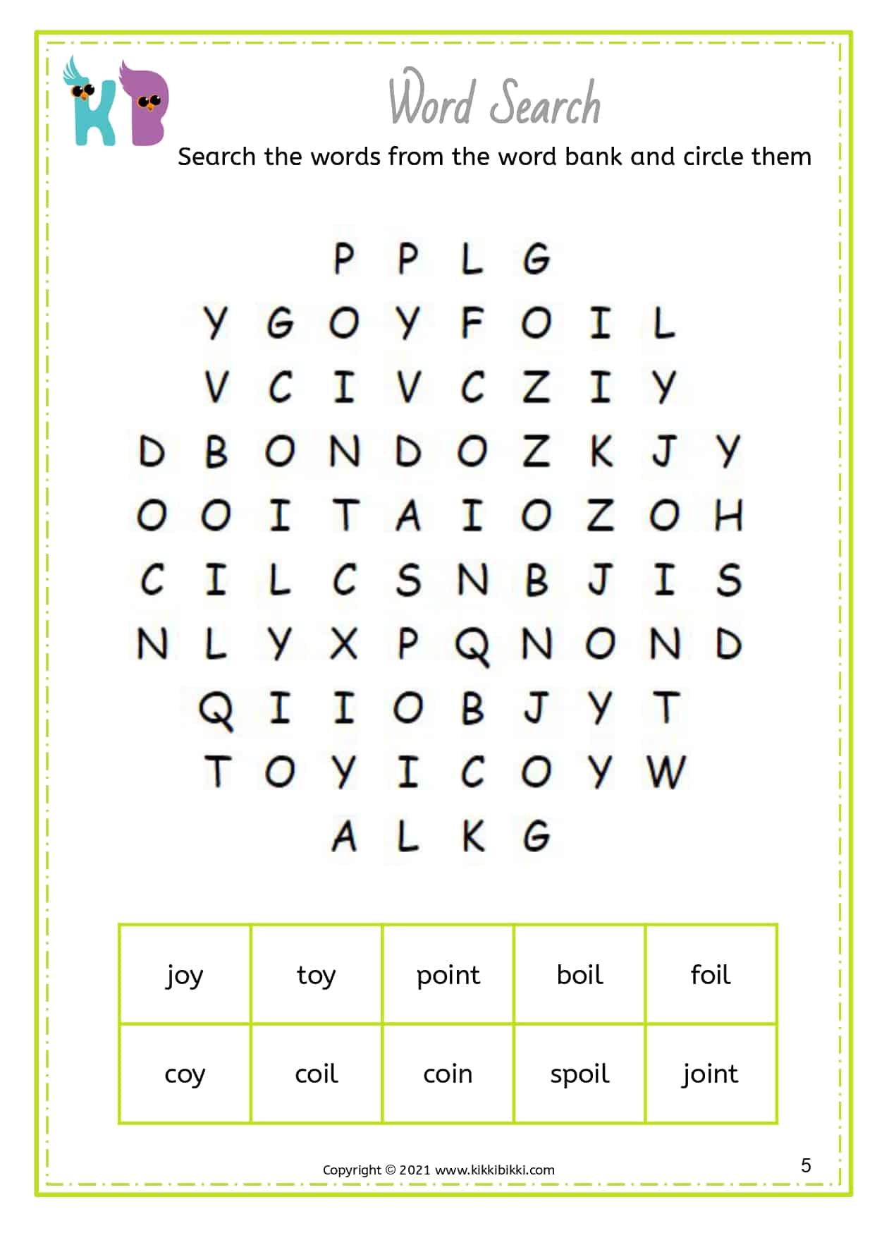 OI and OY Sound Family - Word Search Worksheets